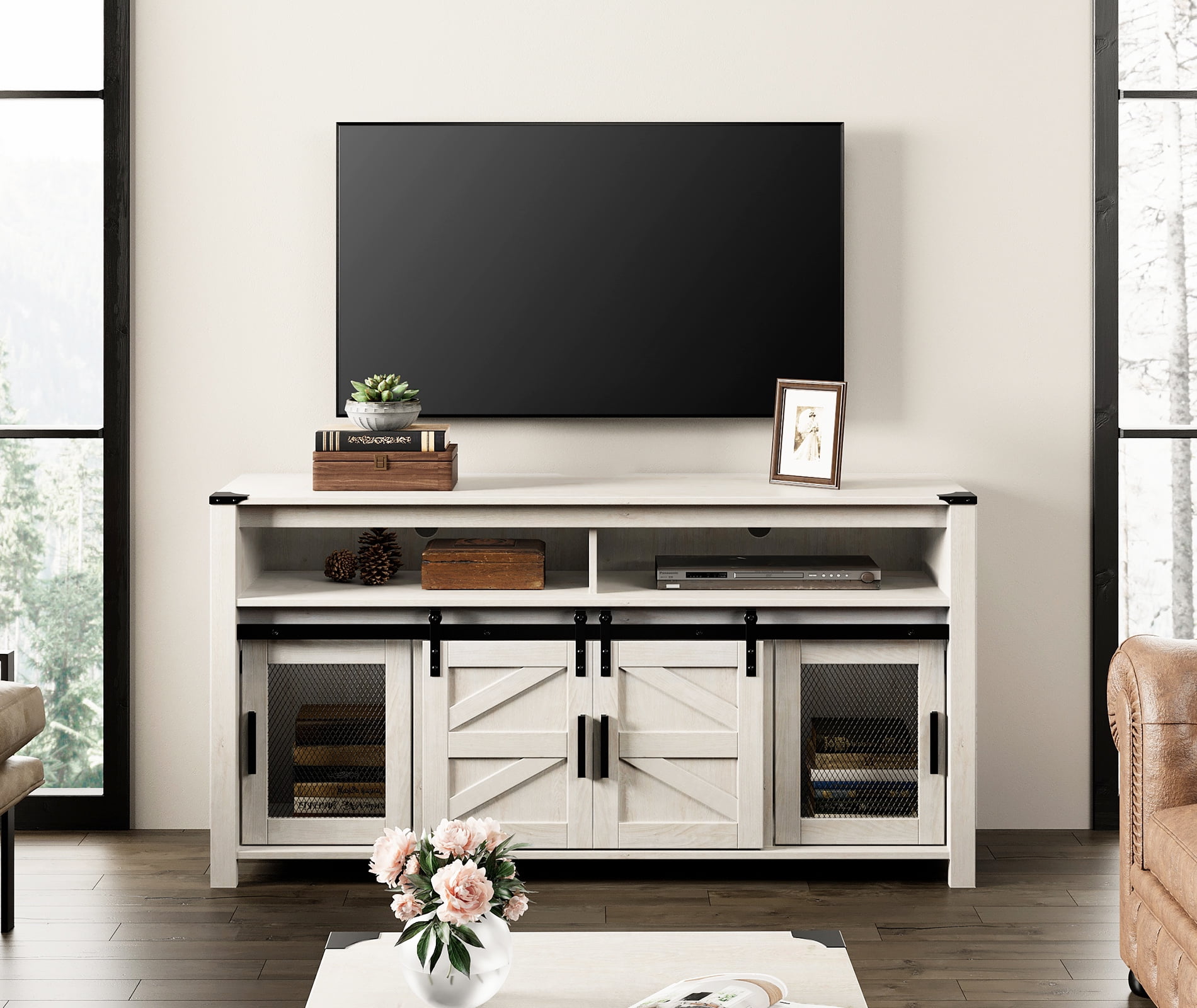 WAMPAT TV Media Console Stand for 65 Inch TV, Farmhouse Entertainment Center with Sliding Barn ...