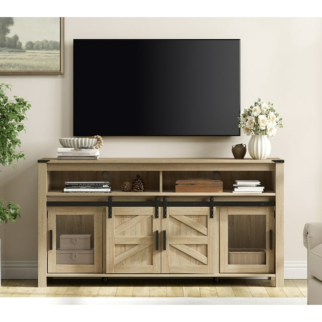 WAMPAT TV Media Console Stand for 65 Inch TV, Farmhouse Entertainment Center with Sliding Barn ...