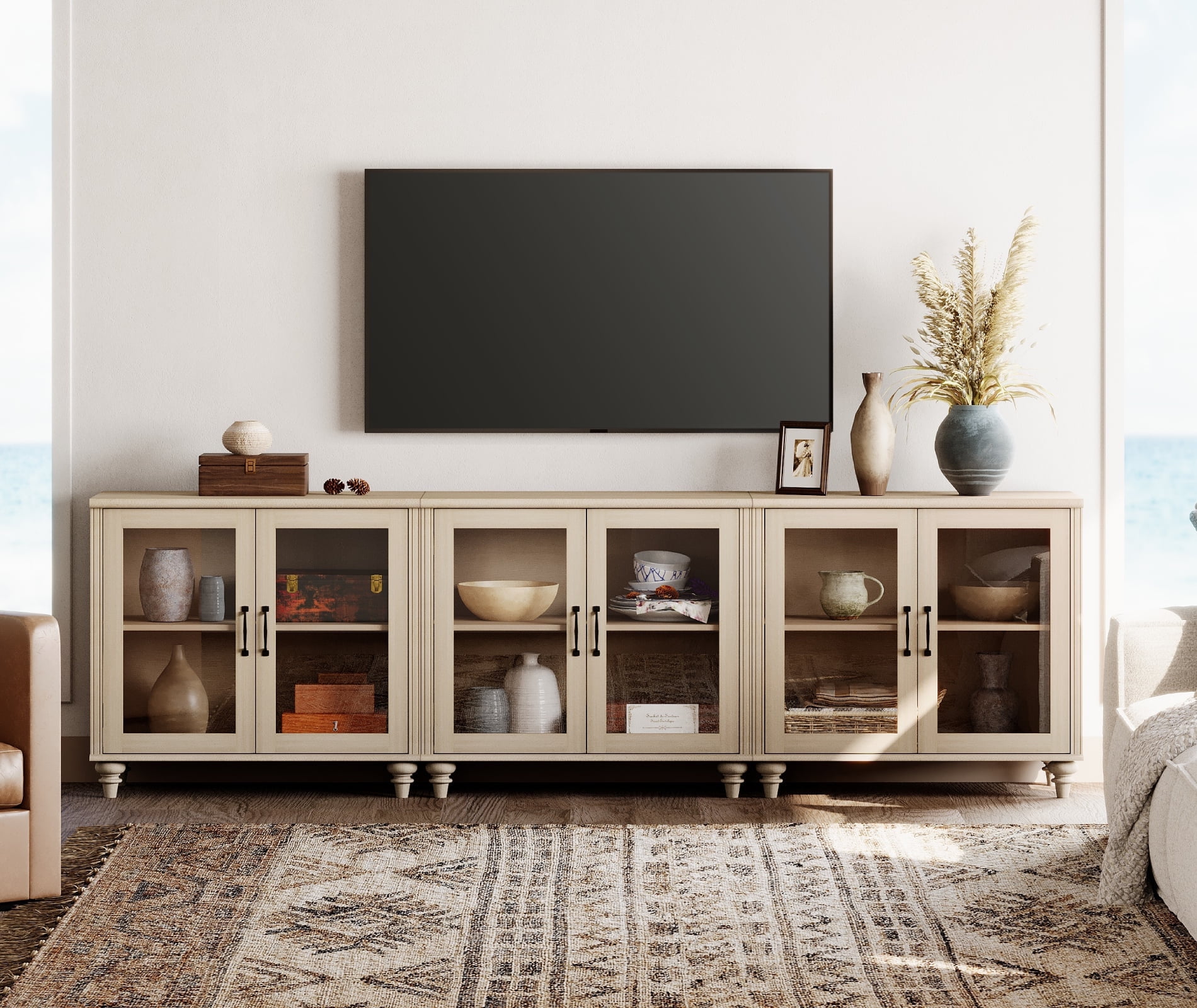 WAMPAT TV Stand for 100 Inch, TV Console with 6 Glass Doors, Wooden ...