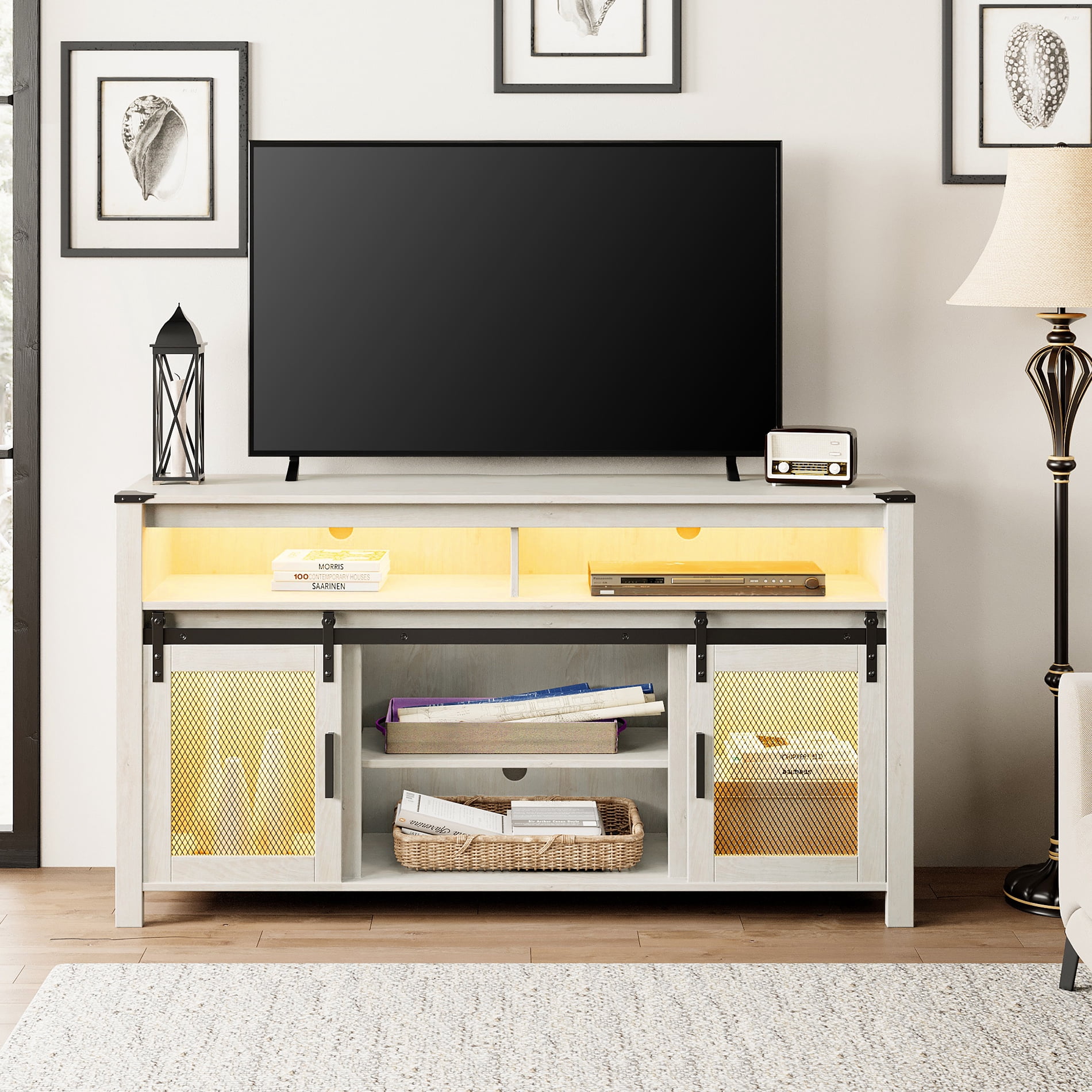WAMPAT TV Stand for 65+ Inch TV, Farmhouse & Industrial Media ...