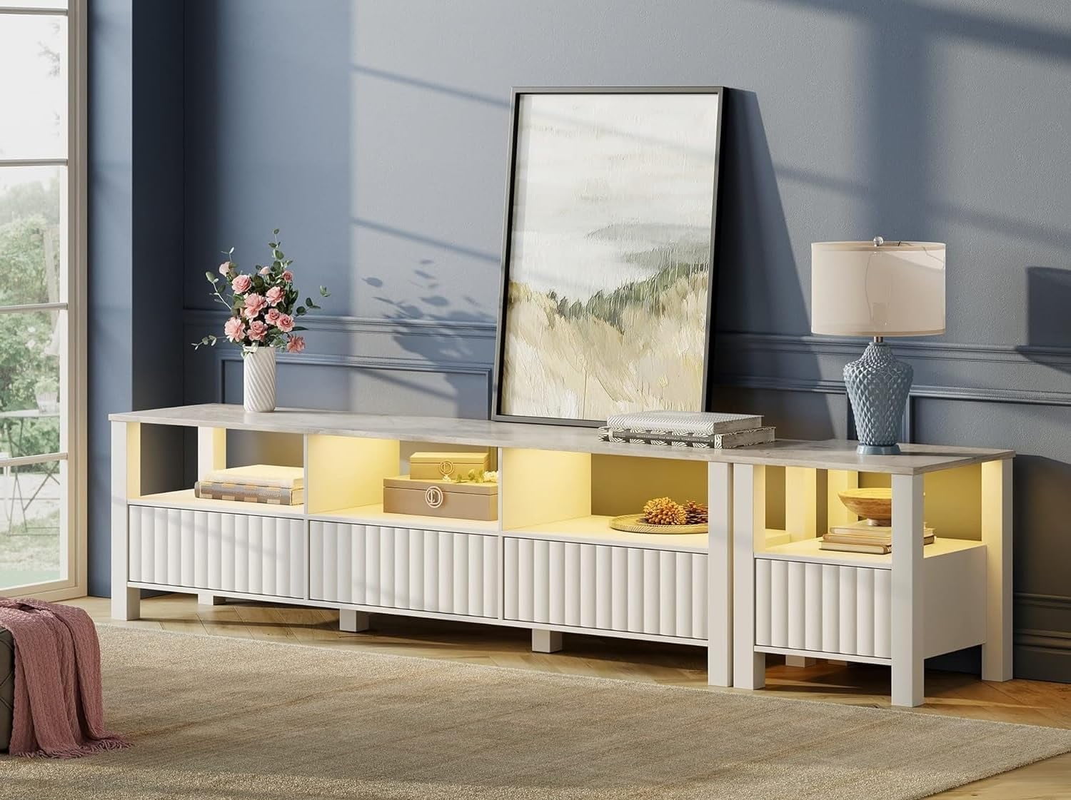 WAMPAT TV Stand with Yellow LED for TVs up to 85 Inches, White Modern ...