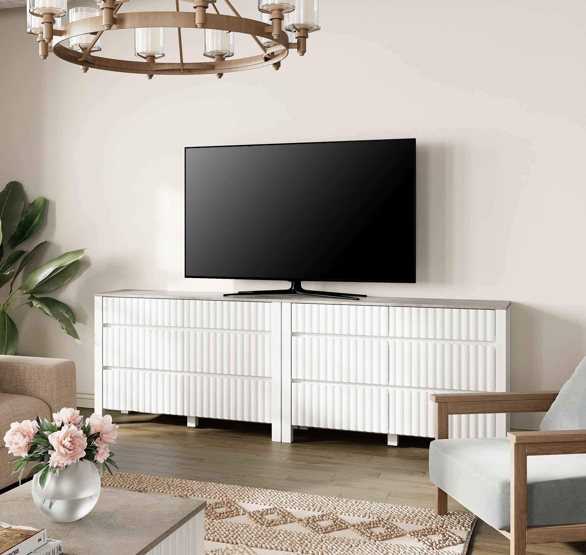 WAMPAT White TV Stand for 100 Inches TVs with 12 Storage Drawers ...