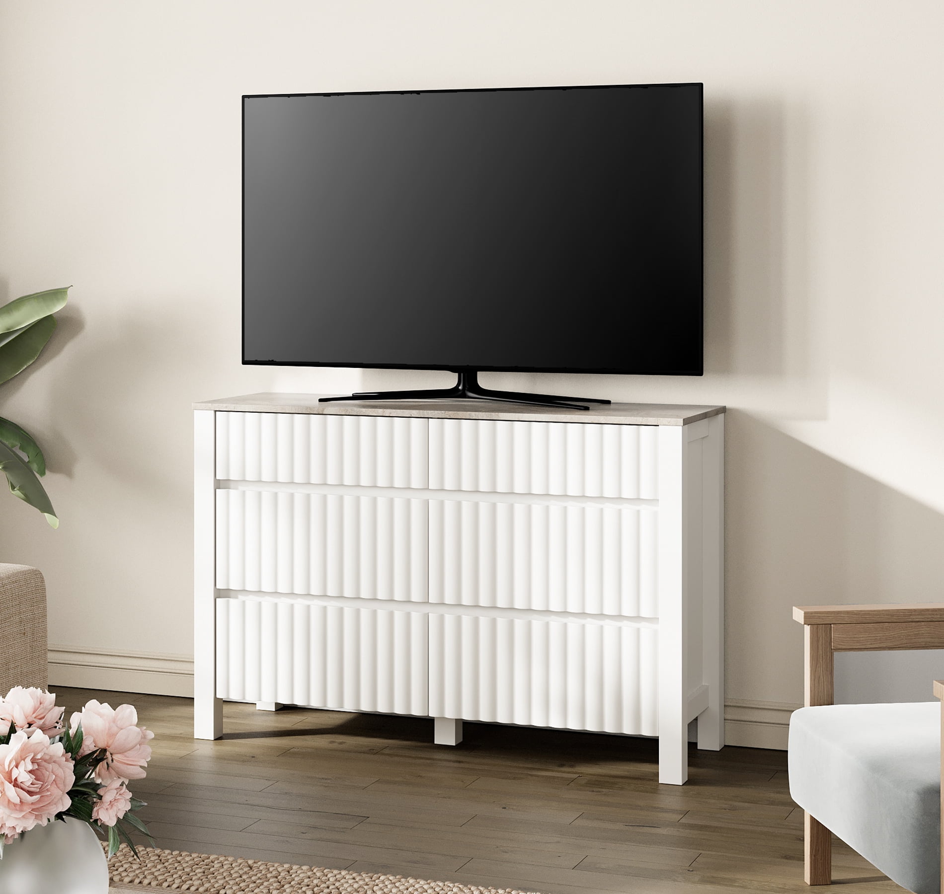 WAMPAT White TV Stand for Small TVs with 6 Storage Drawers ...
