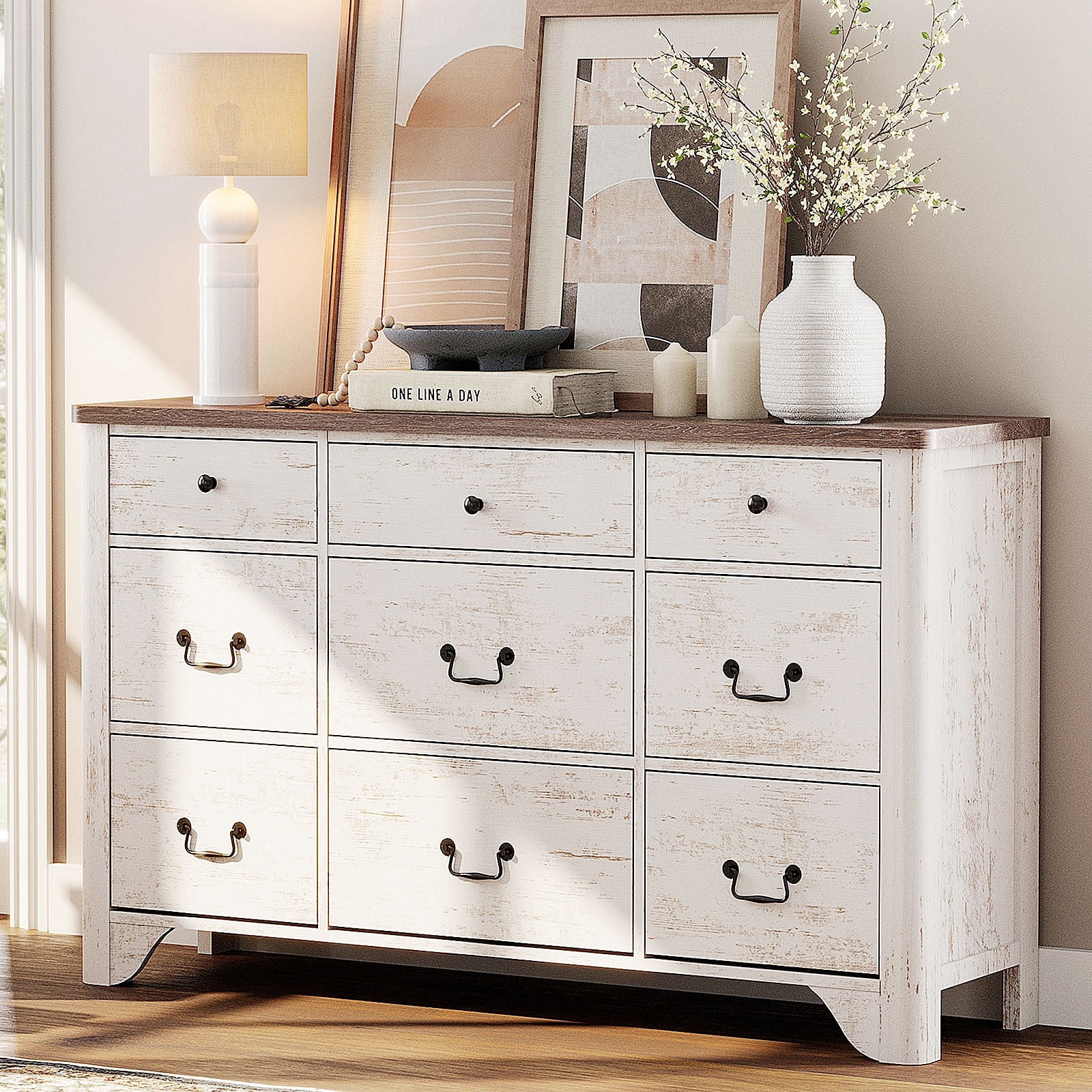 WAMPAT Wooden 9 Drawer Dresser for Bedroom,53.5" W Rustic Farmhouse ...