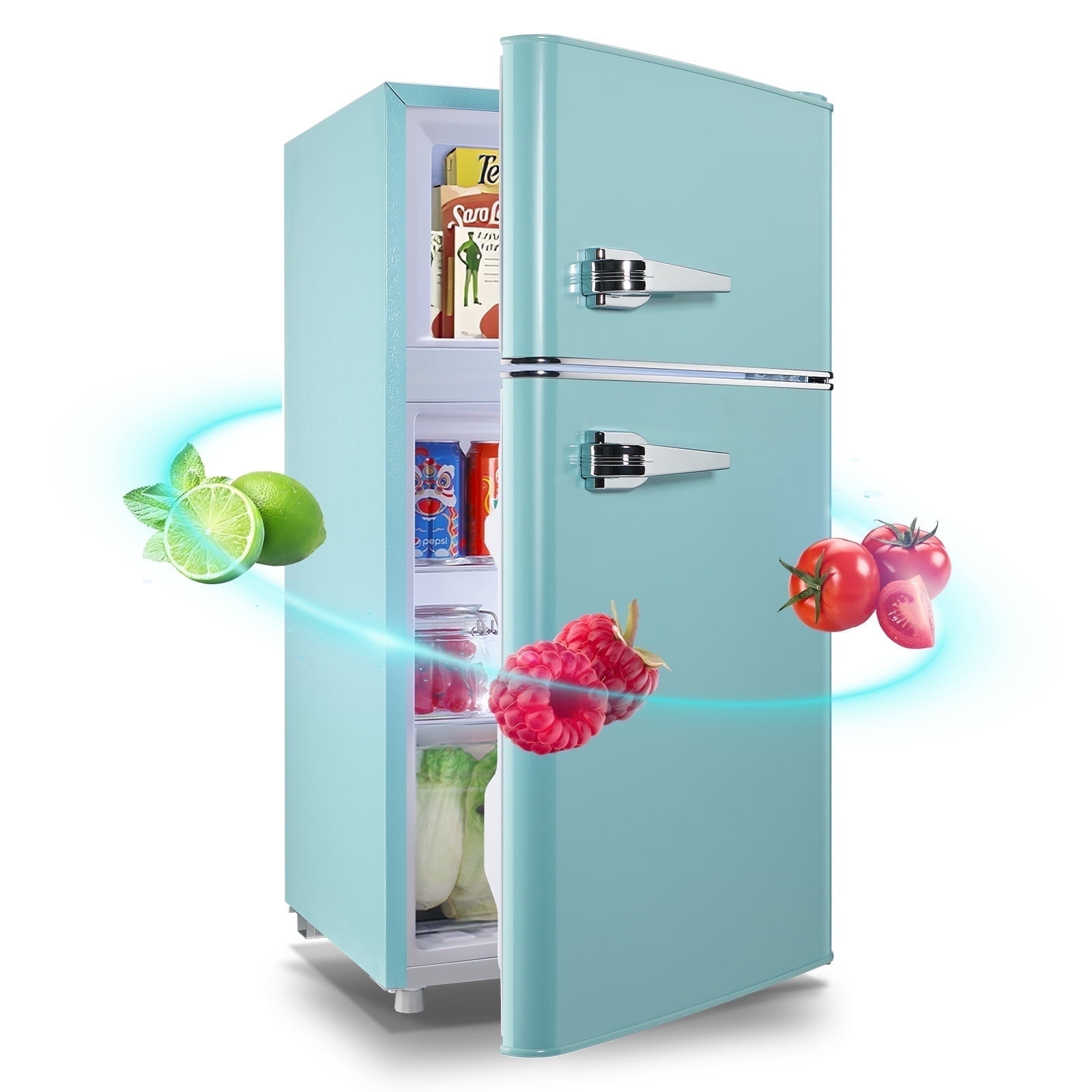 WANAI Retro Dual Door Refrigerator, 3.5 Cu.ft Blue Fridge with Freezer ...
