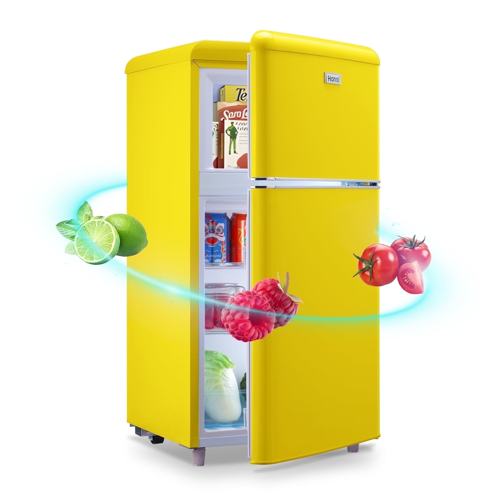 WANAI Small Retro Dual Door Refrigerator 3.5 Cu.ft Yellow Fridge with ...