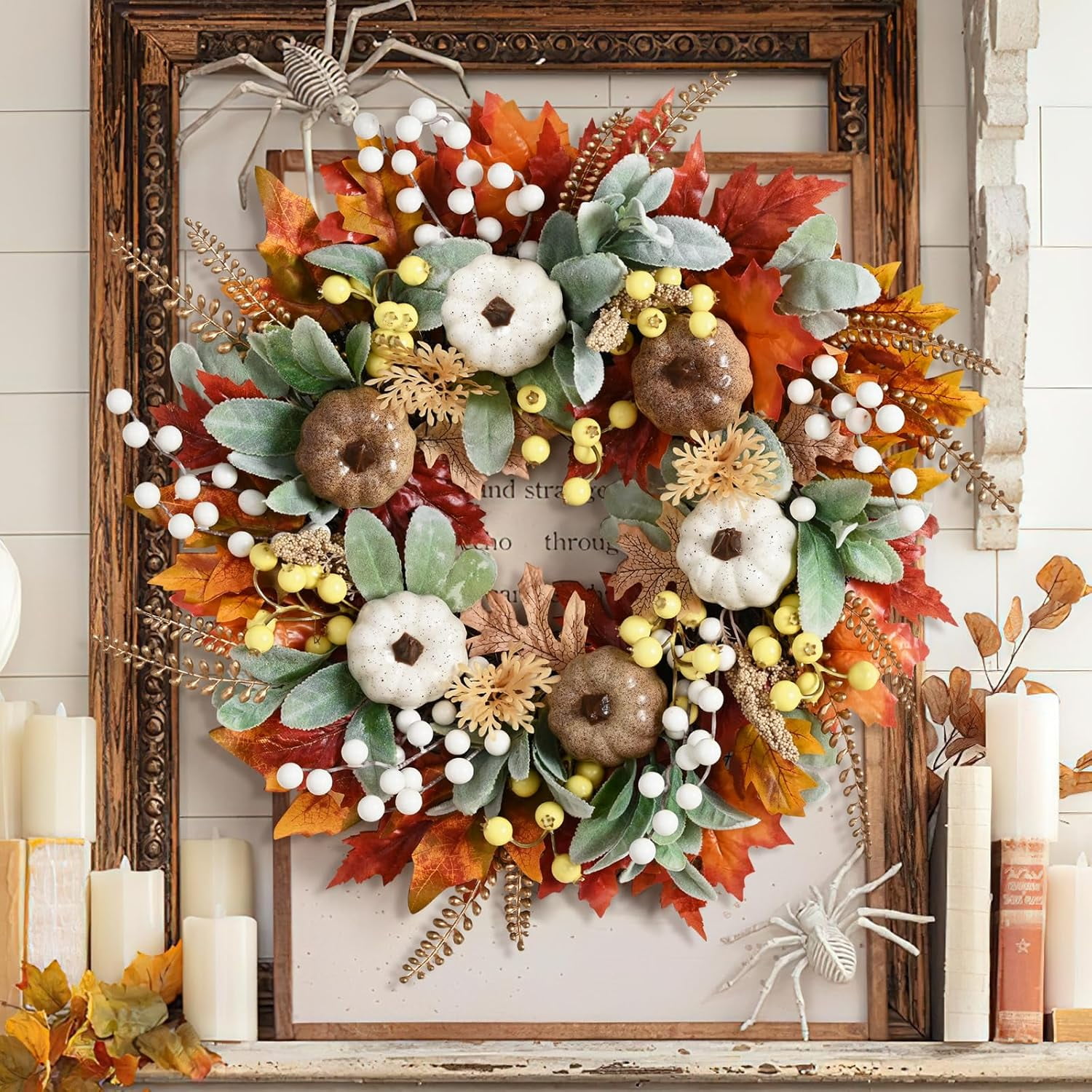 WANBIN 20 Inch Fall Wreath, Lamb Ears, Pumpkins, Ferns, Thanksgiving ...