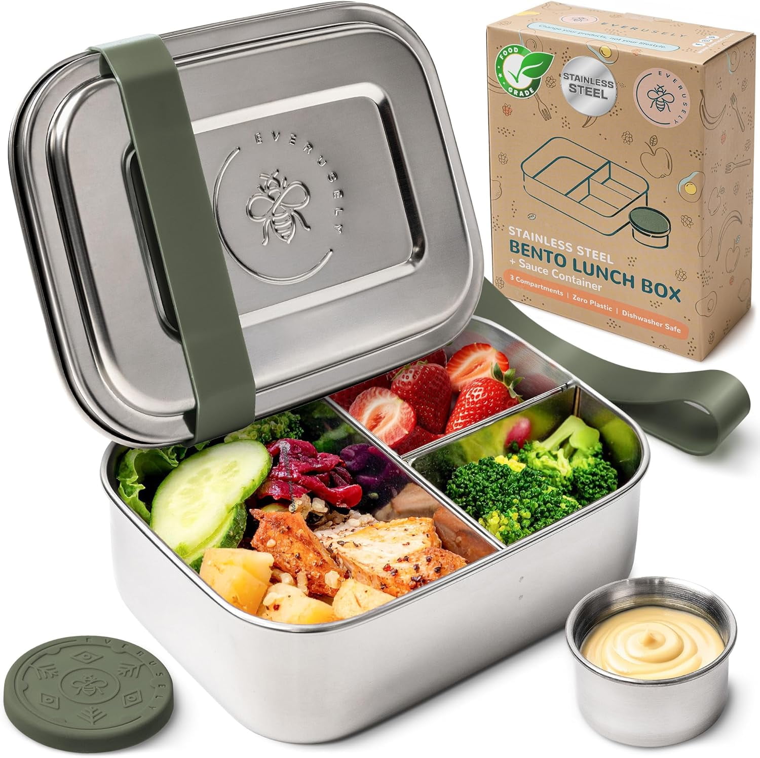 WANBIN 27oz Stainless Steel Lunch Box, 3 Compartments with Leakproof ...