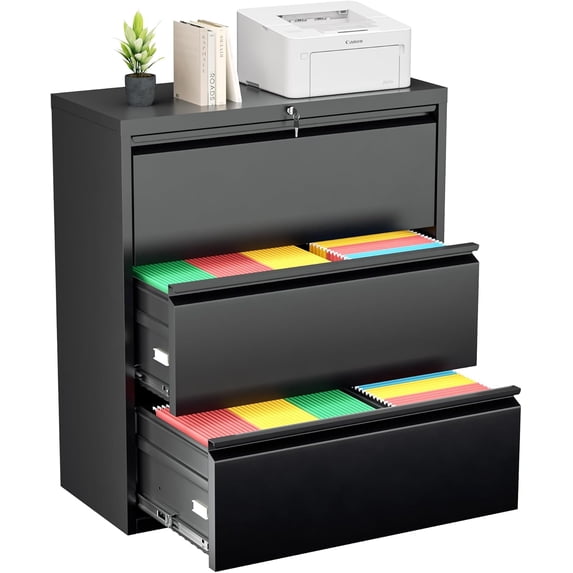 WANBIN 3-Drawer Lateral File Cabinet with Lock - Black Steel Filing ...