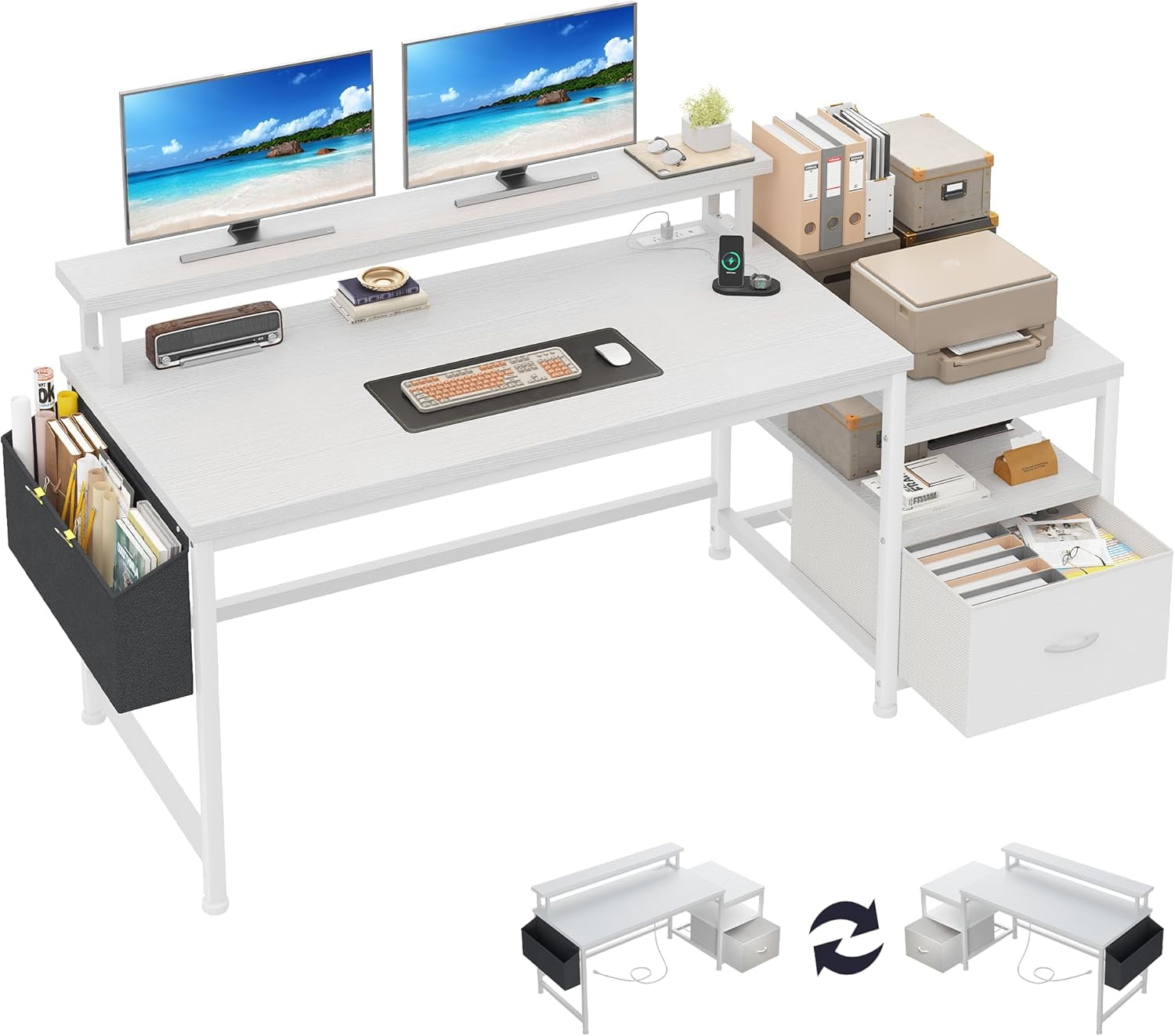 WANBIN 57" Office Desk with Drawers & Printer Space - Power Outlets ...