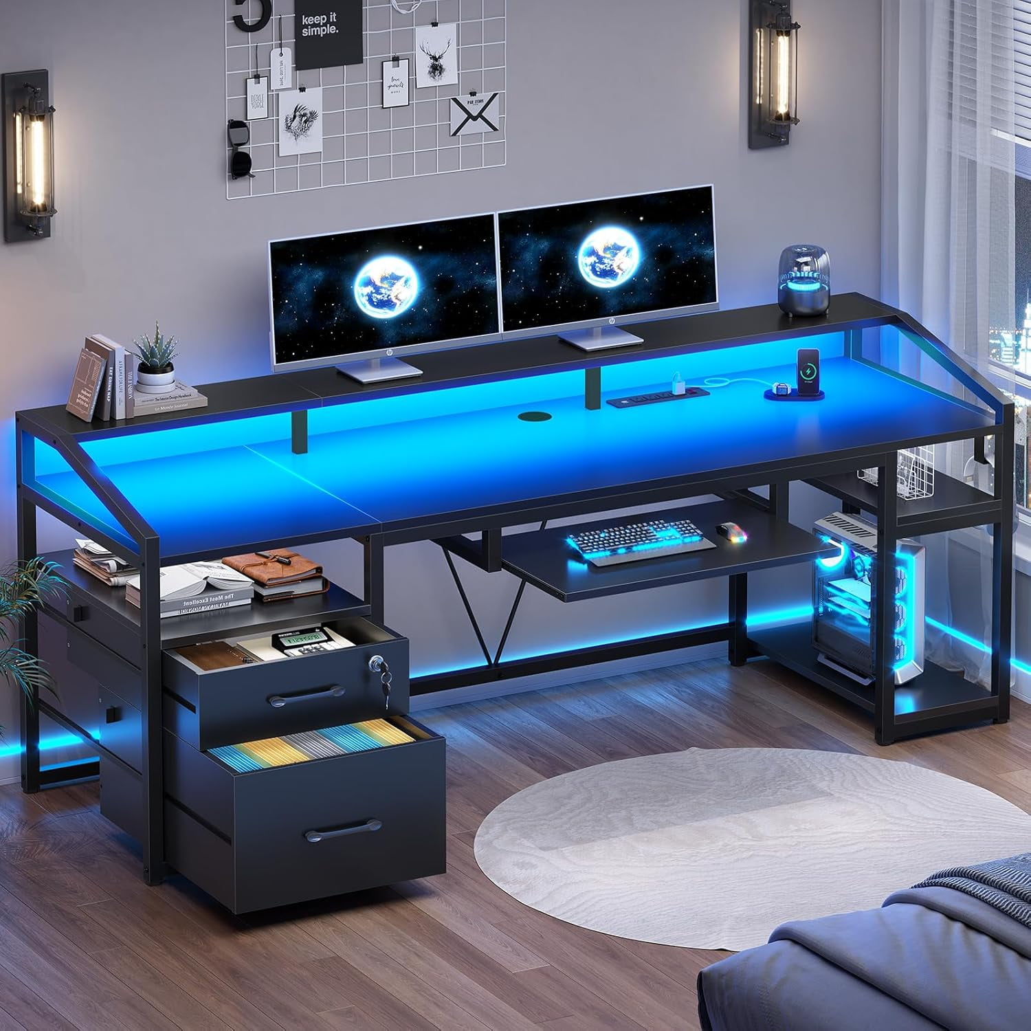 WANBIN 63" Computer Desk with Lock Drawers - LED Lights & Power Outlet ...