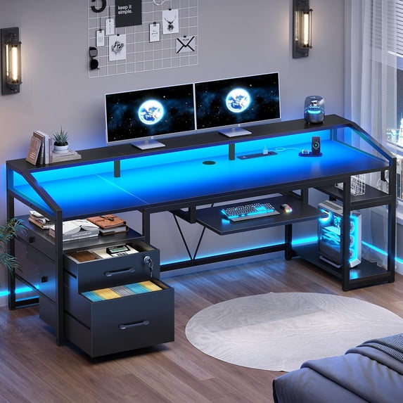 WANBIN 63" Computer Desk with Lock Drawers - LED Lights & Power Outlet ...