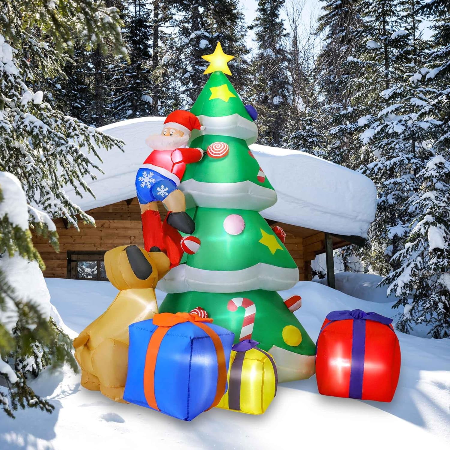 WANBIN 7FT Christmas Inflatable Tree with Dog Bite Santa & Gift Boxes ...