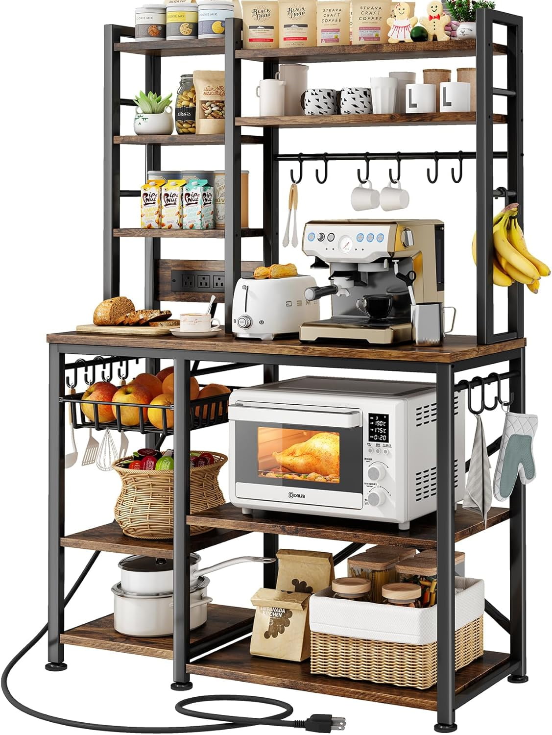 WANBIN Baker Rack with Power Outlet, Microwave Stand with Storage, Large Coffee Bar Station with ...