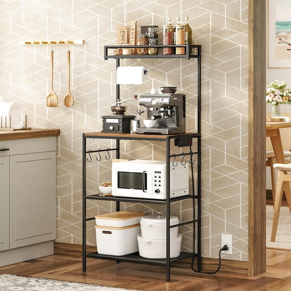 WANBIN Bakers Rack with Storage & Paper Holder, Power Outlet, Coffee ...