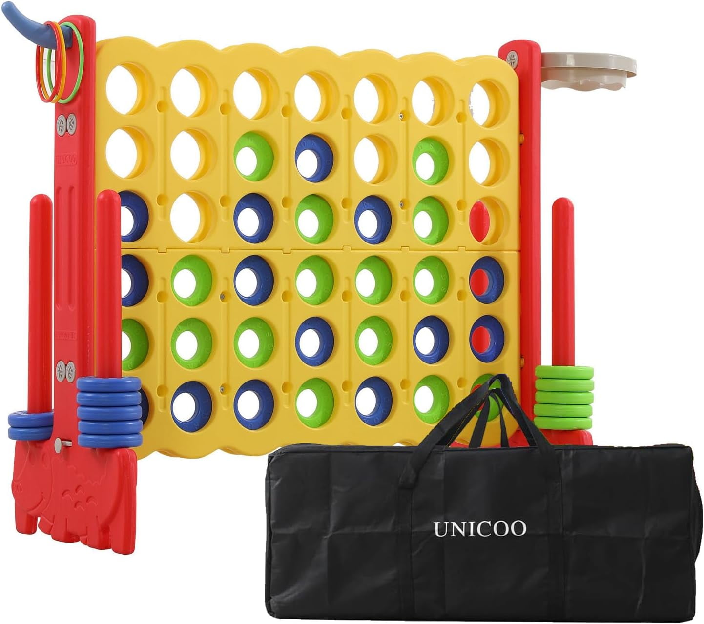 WANBIN Giant 4-in-A-Row Game Set with Carry Bag, Includes Ring Toss & Basketball Hoop, Large ...