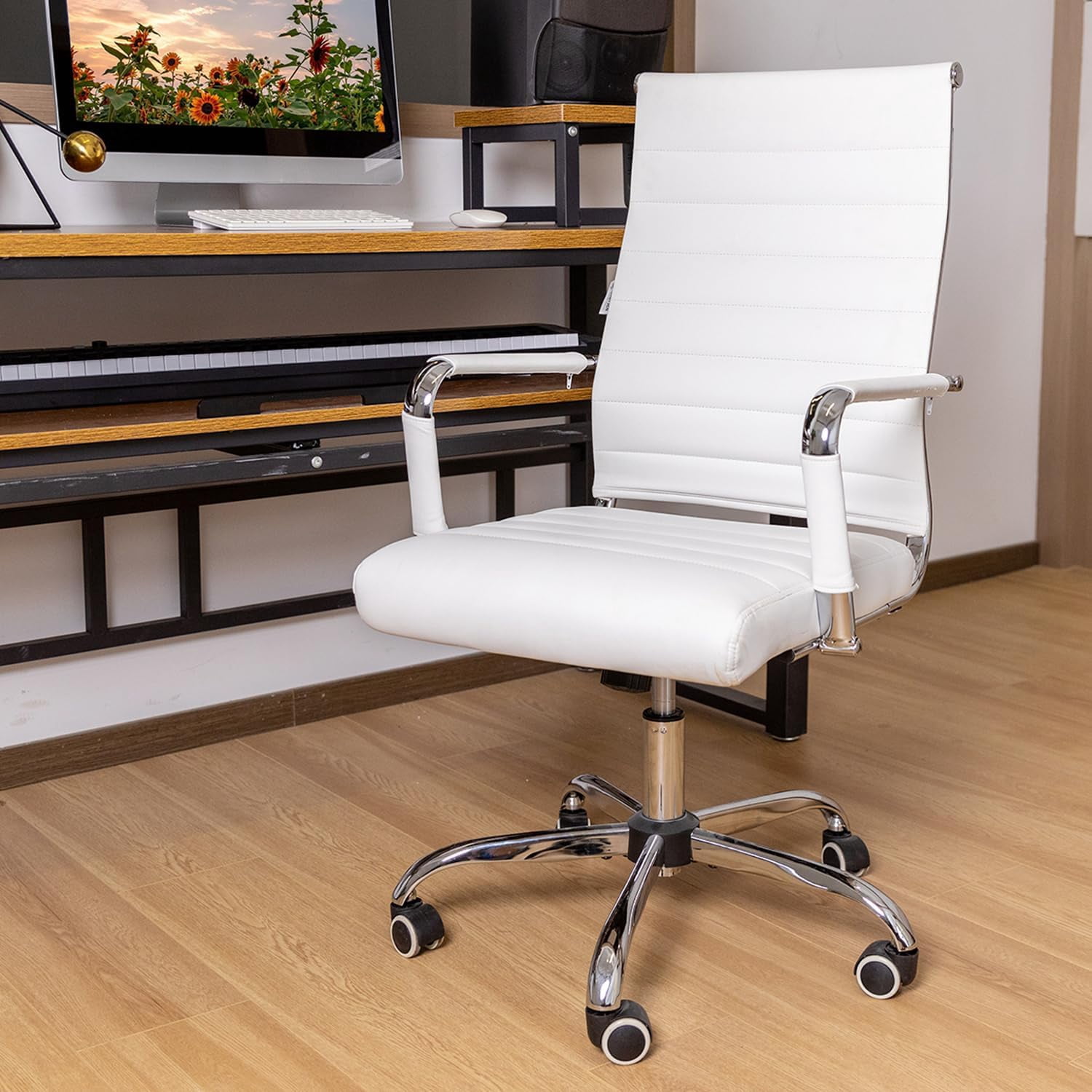 WANBIN Home Office Chair, Ribbed Leather, High Back, Executive, White ...