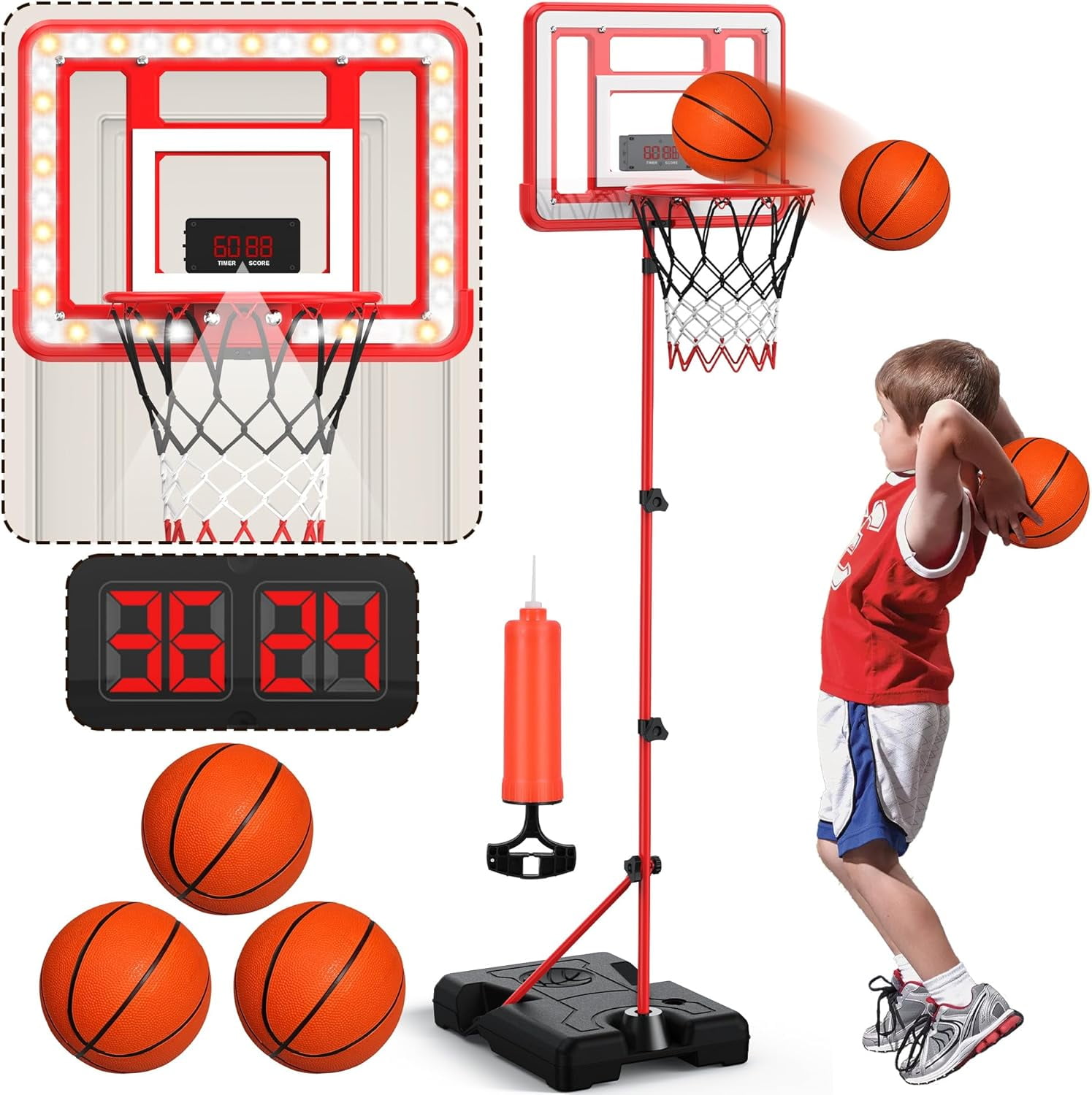 WANBIN Kids Indoor Basketball Hoop with Scoreboard & Timer, Adjustable ...