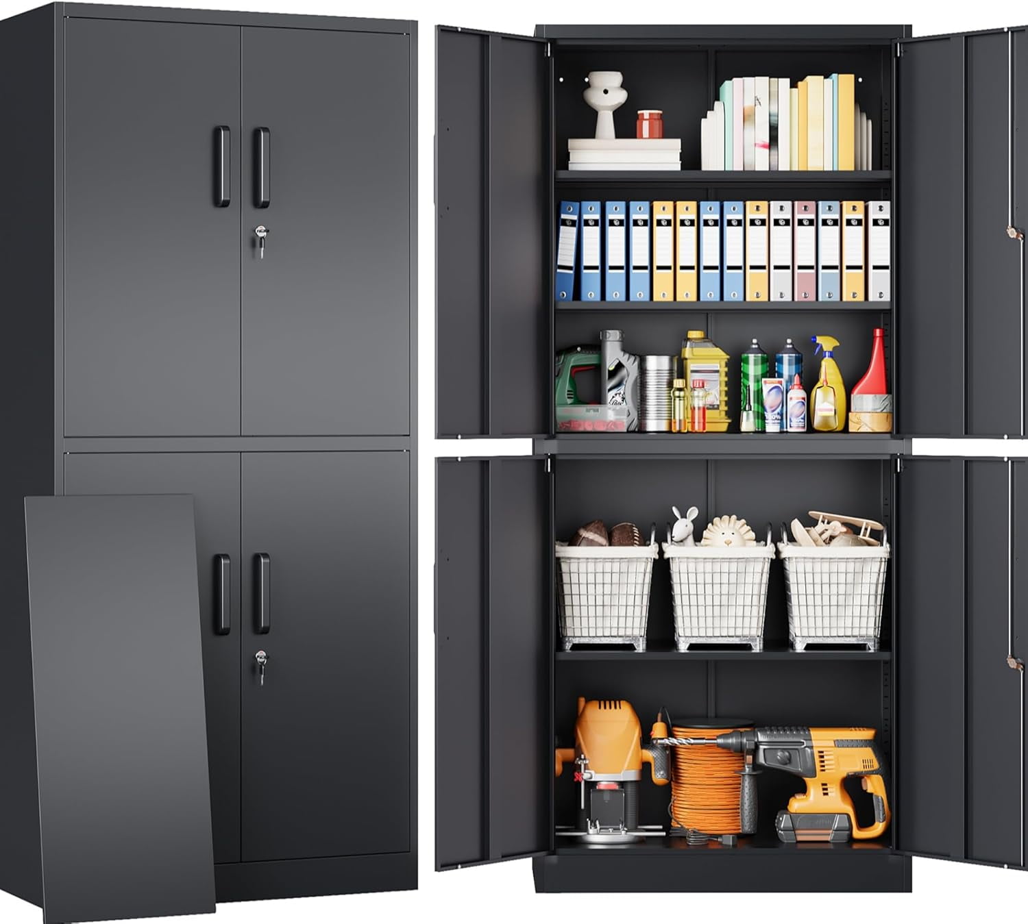 WANBIN Metal Storage Cabinet with 3 Adjustable Shelves & Lock, Black ...