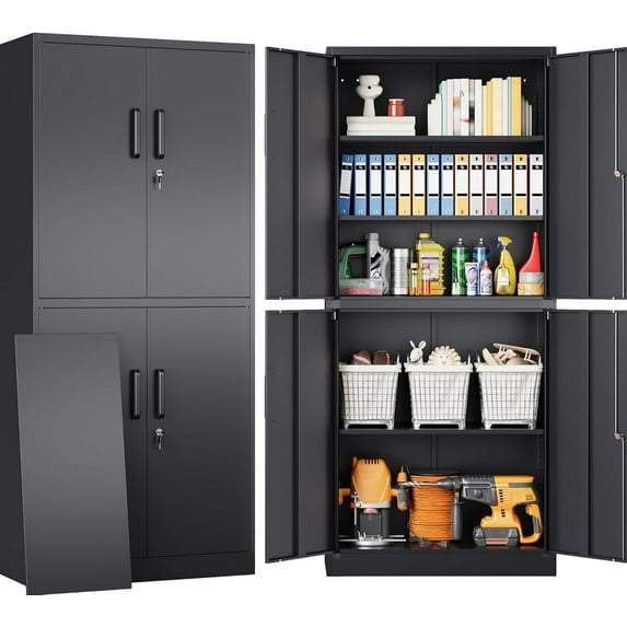 WANBIN Metal Storage Cabinet with 3 Adjustable Shelves & Lock, Black Garage Storage Cabinet with ...