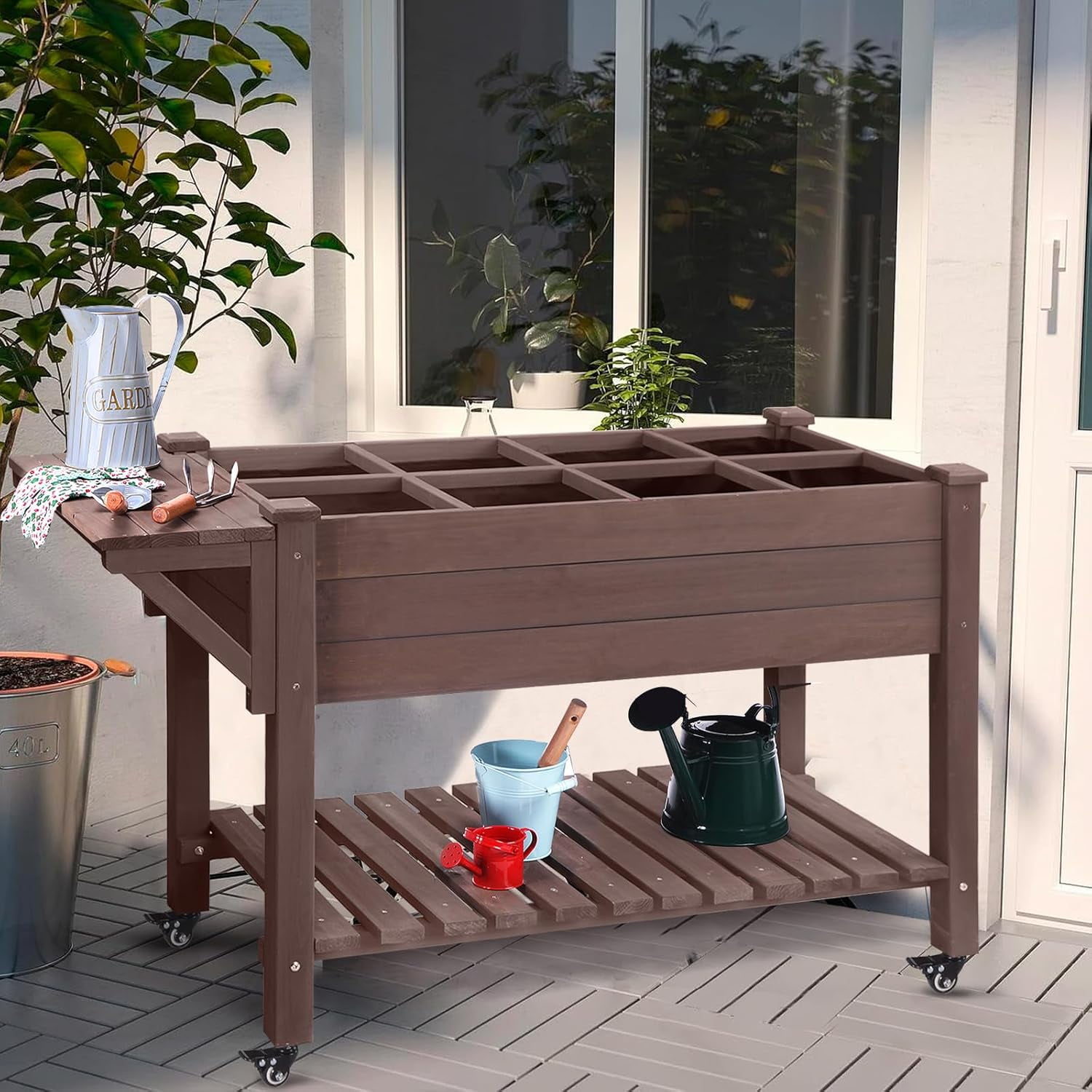 WANBIN Raised Garden Bed on Wheels with Grow Grid and Storage Shelf (52 ...