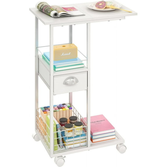 WANBIN Rolling Side Table with Storage, White with Wheels, Accent C-Table, Portable Desk ...