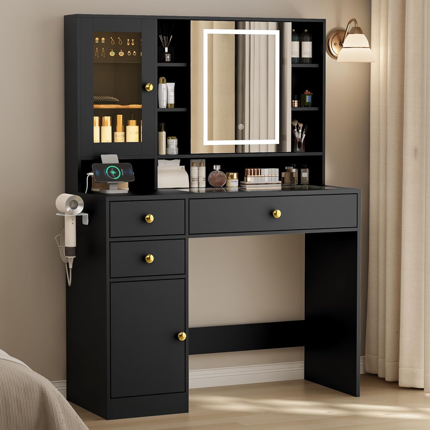 WANBIN Vanity Desk with LED Mirror, Jewelry Organizer, Glass Top ...
