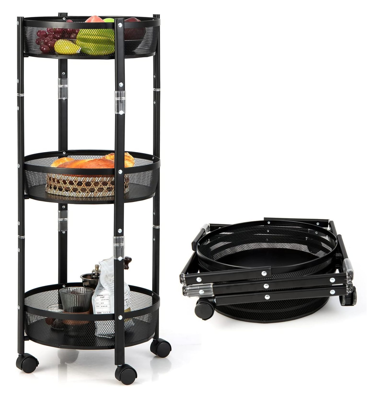 WANCQ Folding Storage Cart, 3-Tier Metal Round Utility Rolling Cart ...