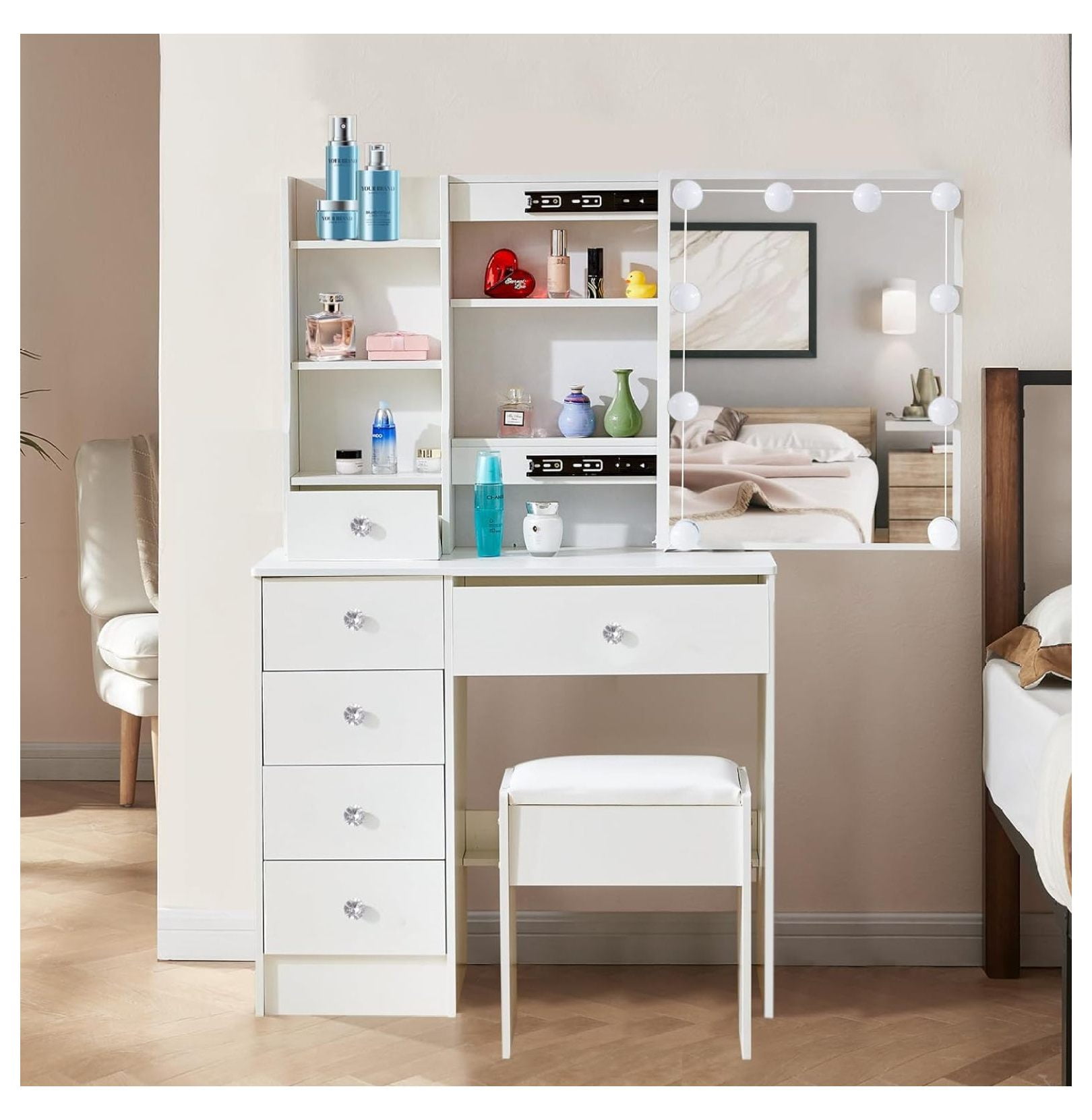 WANCQ Makeup Vanity Desk with Large Mirror and 10 LED Lights, Vanity ...