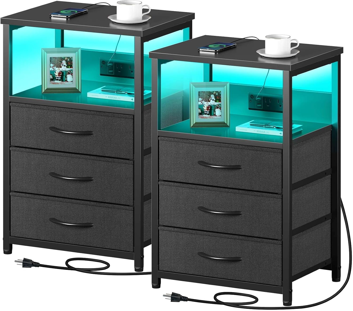 WANCQ Nightstand with Charging Station and LED Light, Side Table with 3 ...