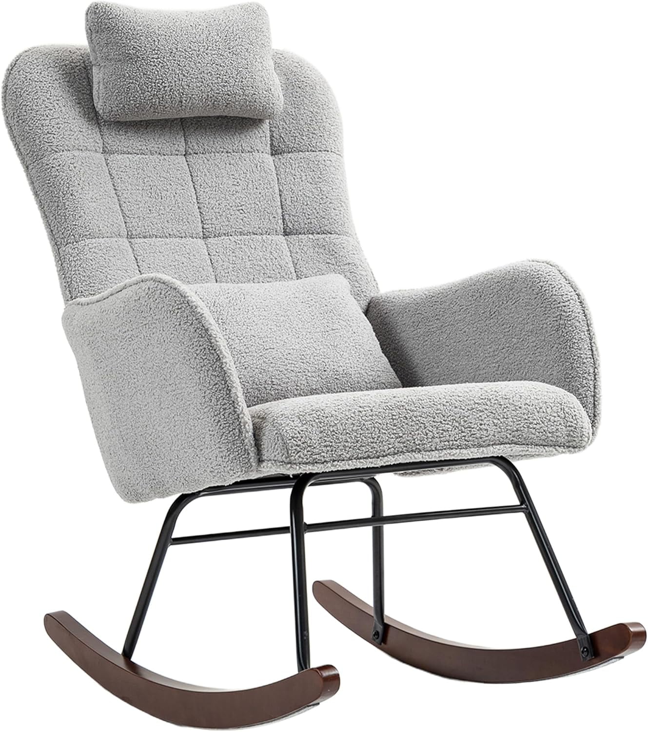 WANCQ Upholstered Rocking Chair with Headrest and Lumber Pillow, Teddy ...