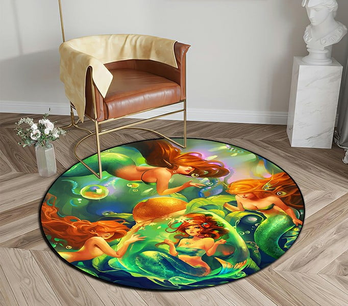 WANDJYOU Mermaid Round Area Rugs Diameter 3.3 x 3.3ft Floor Carpet Mat ...