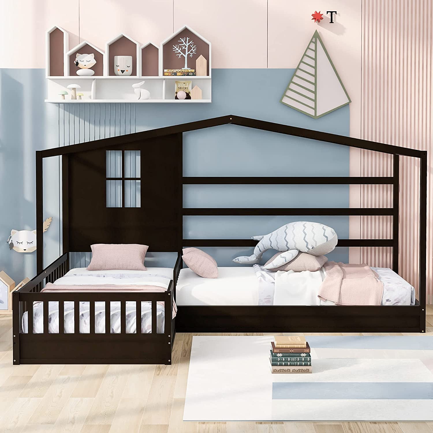 WANGBIAO House Bed Twin Size, 2 Twin Solid Bed L Structure with Fence ...