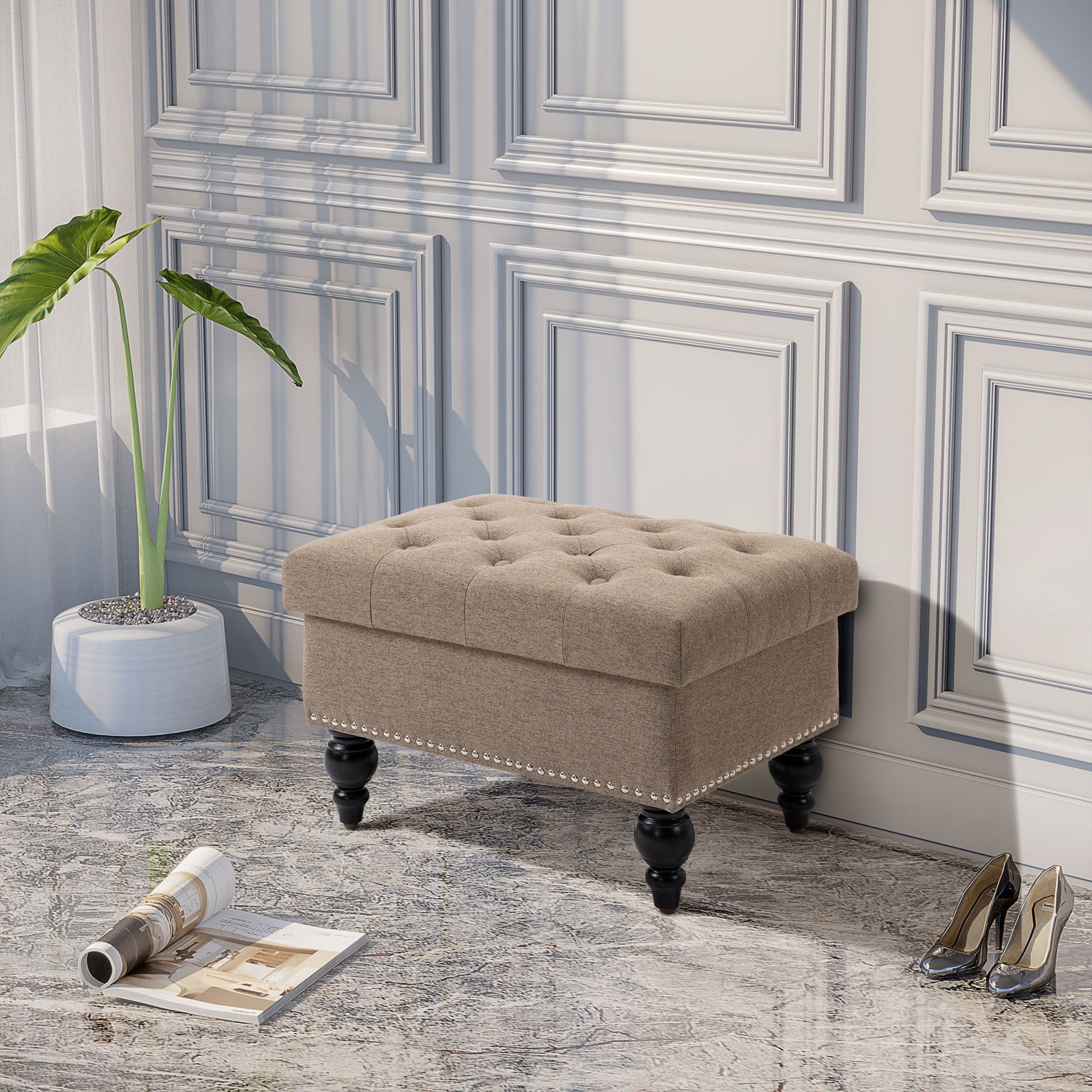 WANGBOY 25" Fabric Tufted Storage Ottoman with Removable Lid, Wood Legs ...