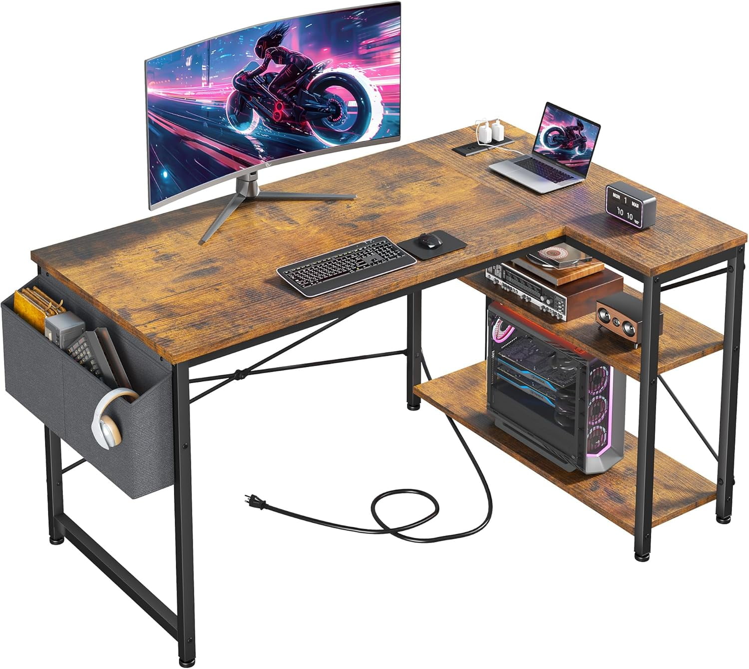 WANGBOY 47" Desk with Power Outlets, Office Desk with Storage Shelves ...
