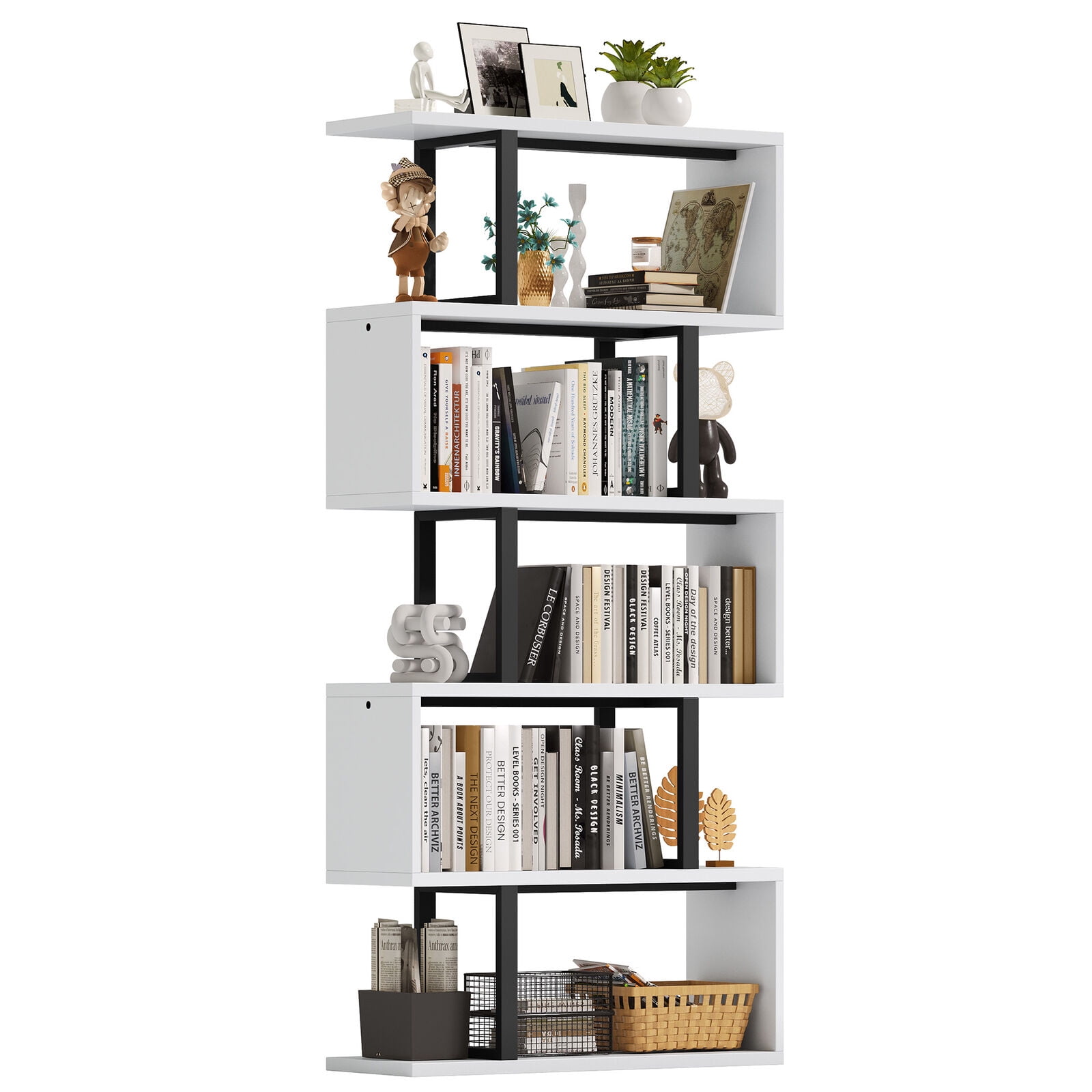 WANGBOY 5-Tier Geometric Bookcase,S Shaped Bookshelf, Wood Decorative ...