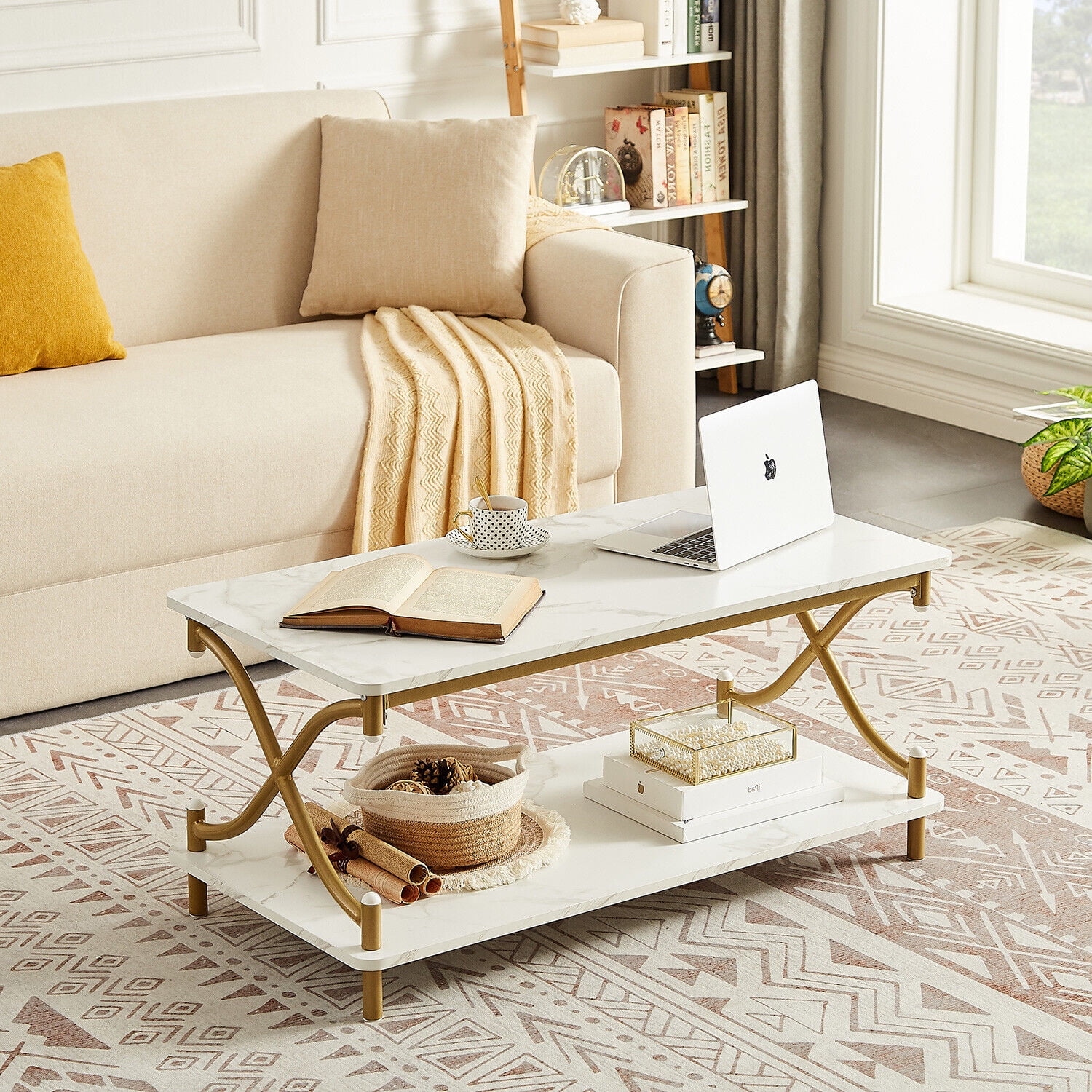 WANGBOY Coffee Tea Table Center Console Table With Wood Storage Shelf ...