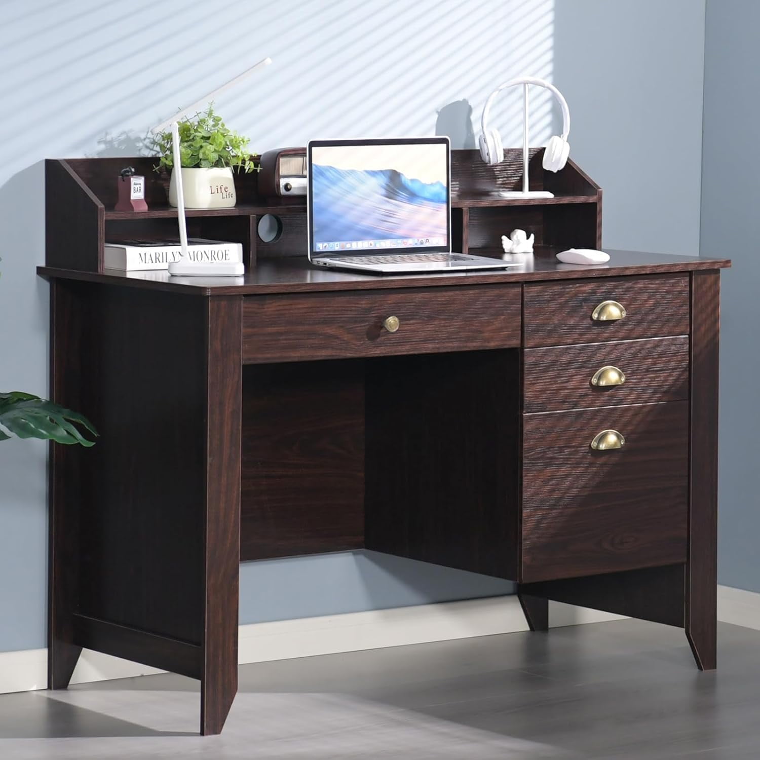 WANGBOY Office Desk with Drawers and Hutch, 47 Inch Computer Desk with ...
