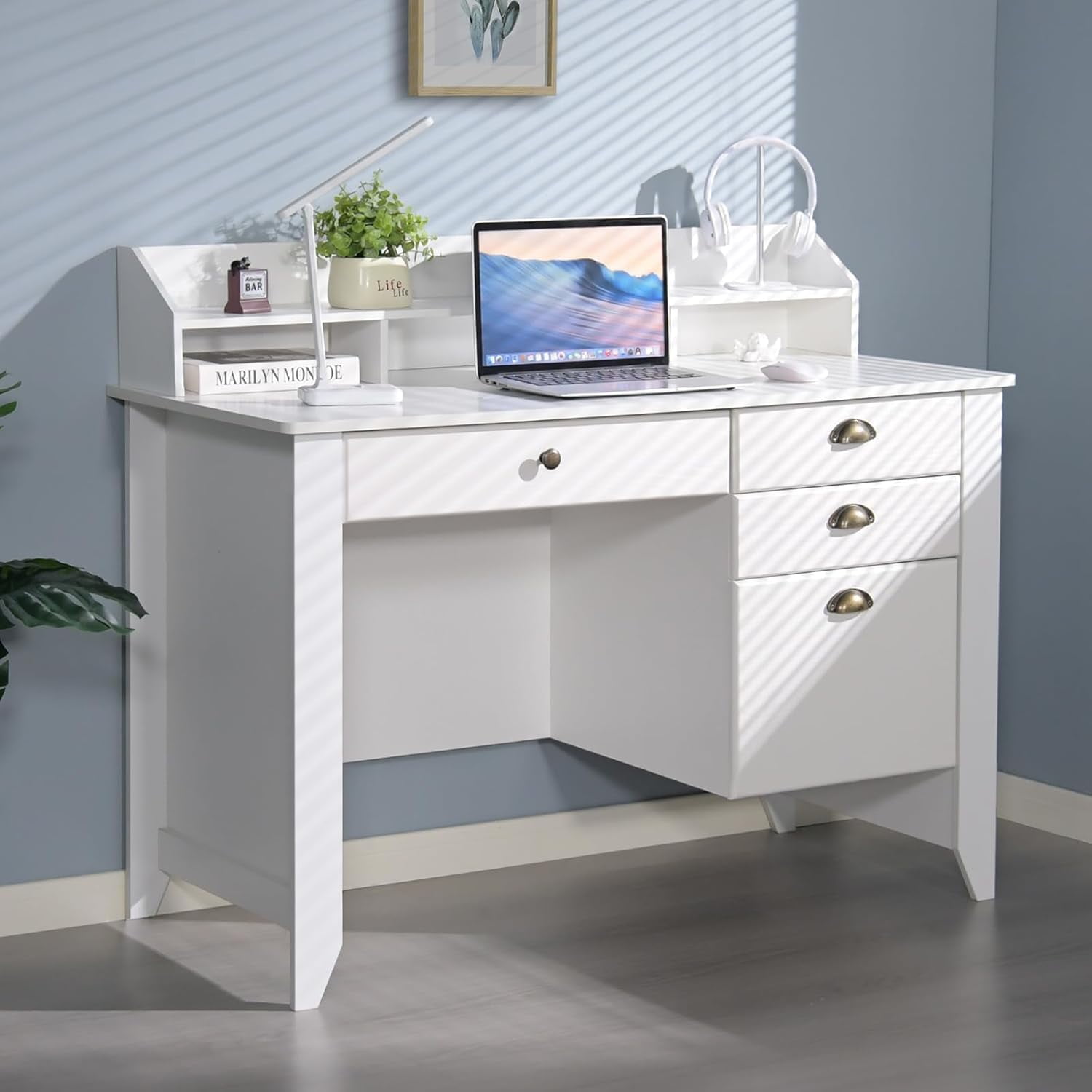 WANGBOY Office Desk with Drawers and Hutch, 47 Inch Computer Desk with ...