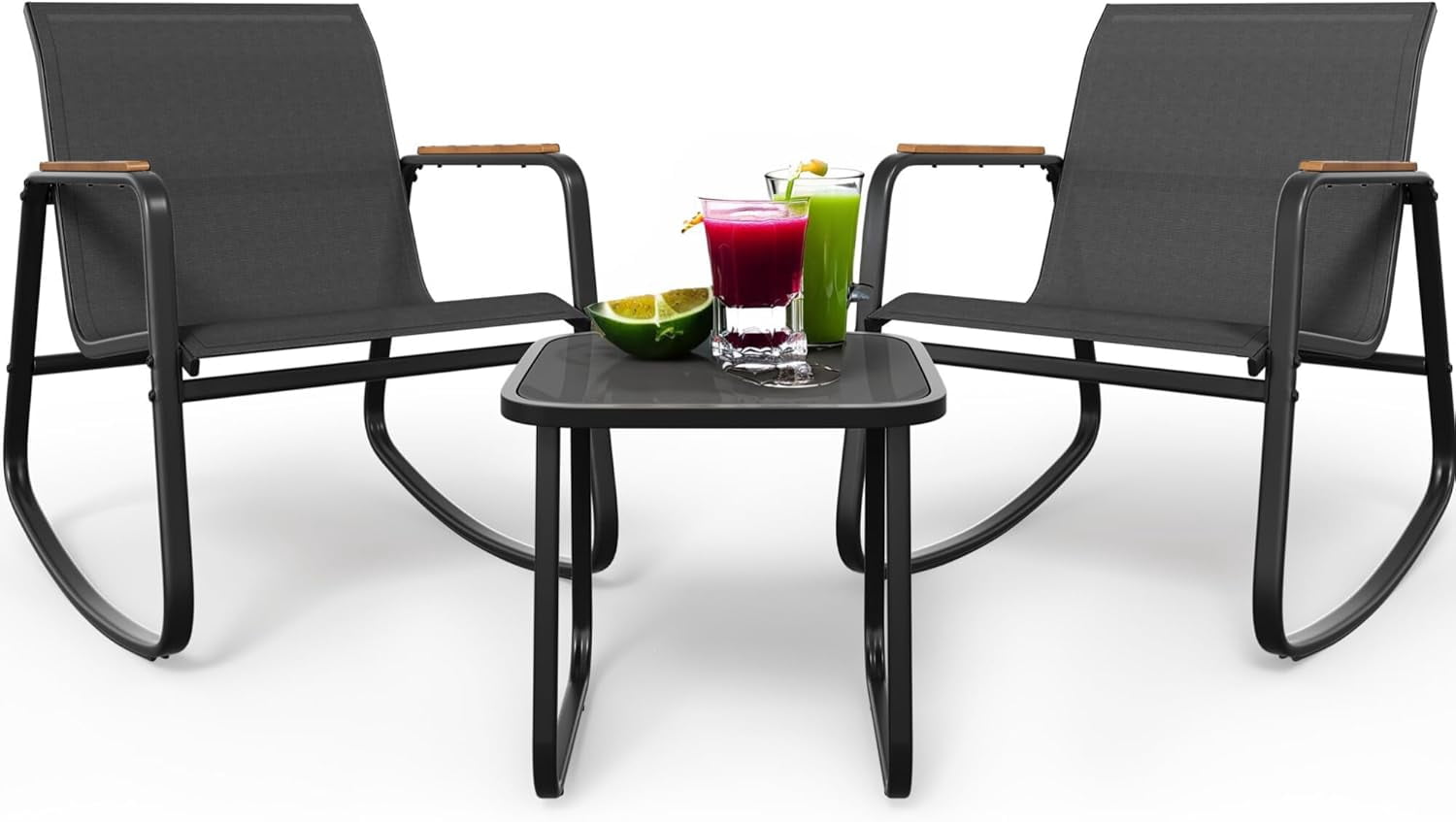 WANGBOY Patio Rocking Bistro Set, 3 Piece Durable Textilene Outdoor ...