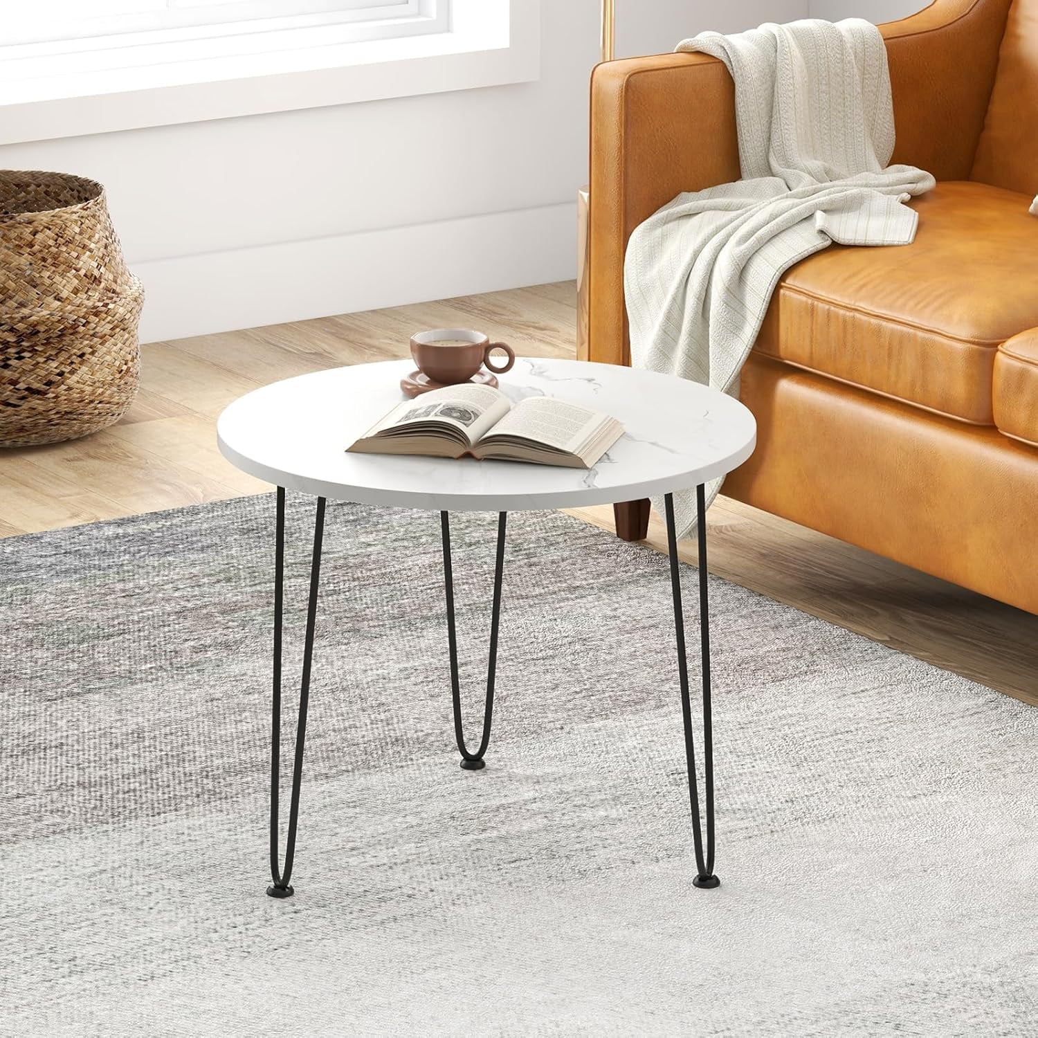 WANGBOY Round Coffee Table, Faux Marble Center Table with Metal Legs ...