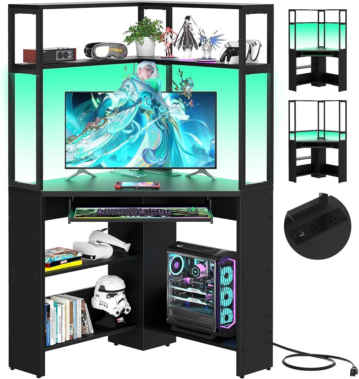 WANGBOY Triangle Corner Computer Desk with Keyboard Tray & Hutch & LED ...