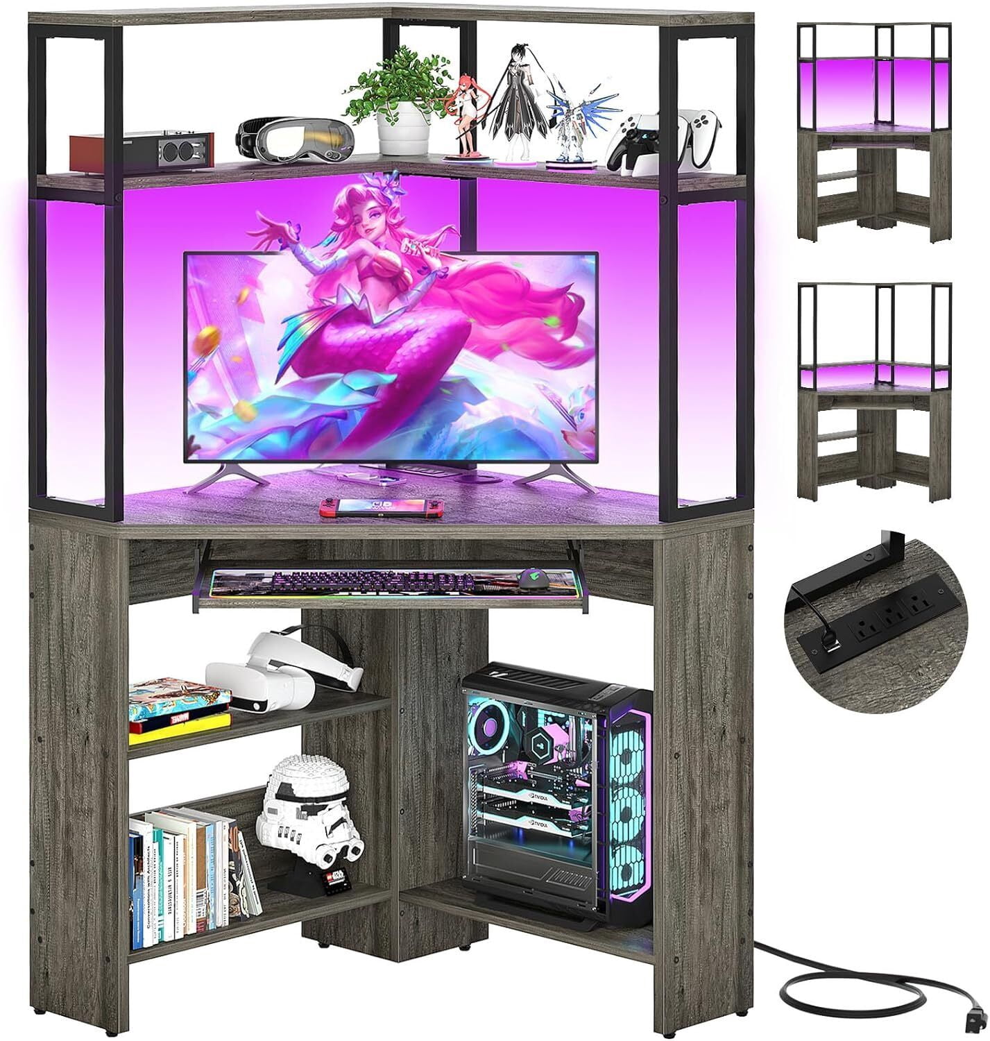 WANGBOY Triangle Corner Computer Desk with Keyboard Tray & Hutch & LED ...