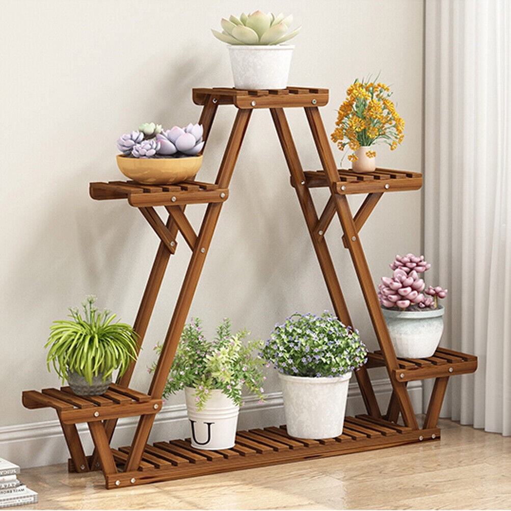 WANGBOY Triangular Plant Shelf 6 Potted Carbonized Wood Plant Holder ...