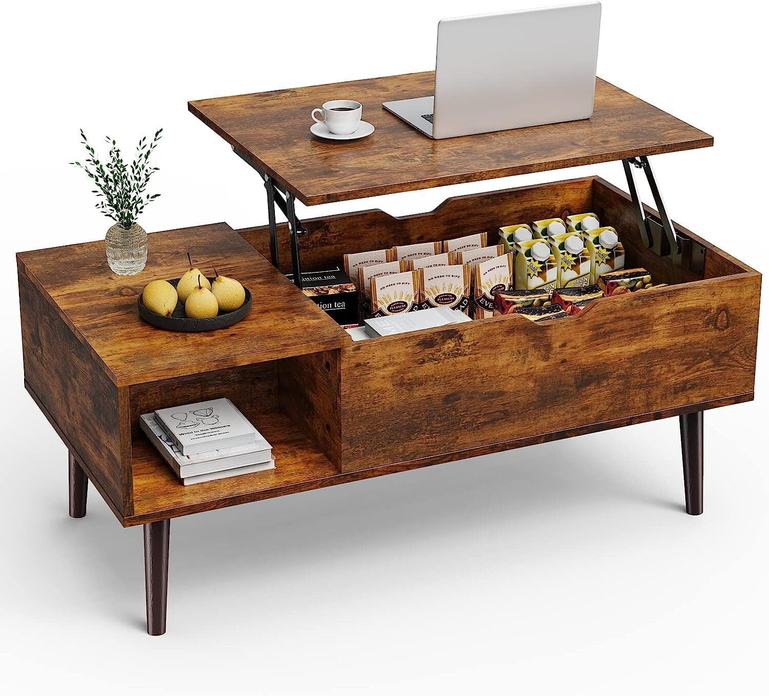 WANGBOY Wood Lift Top Dining Tabletop Home Office Coffee Tea Table with Adjustable Shelf,Angled ...