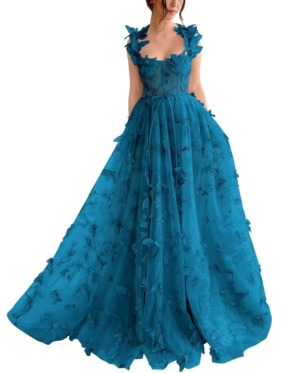 WANGJUNBEI Cyan Blue Corset Top Butterfly Prom Dresses Lace Appliques ...