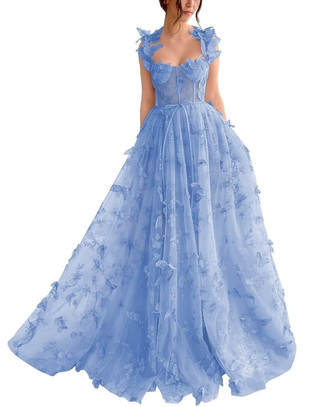 WANGJUNBEI Cyan Blue Corset Top Butterfly Prom Dresses Lace Appliques ...