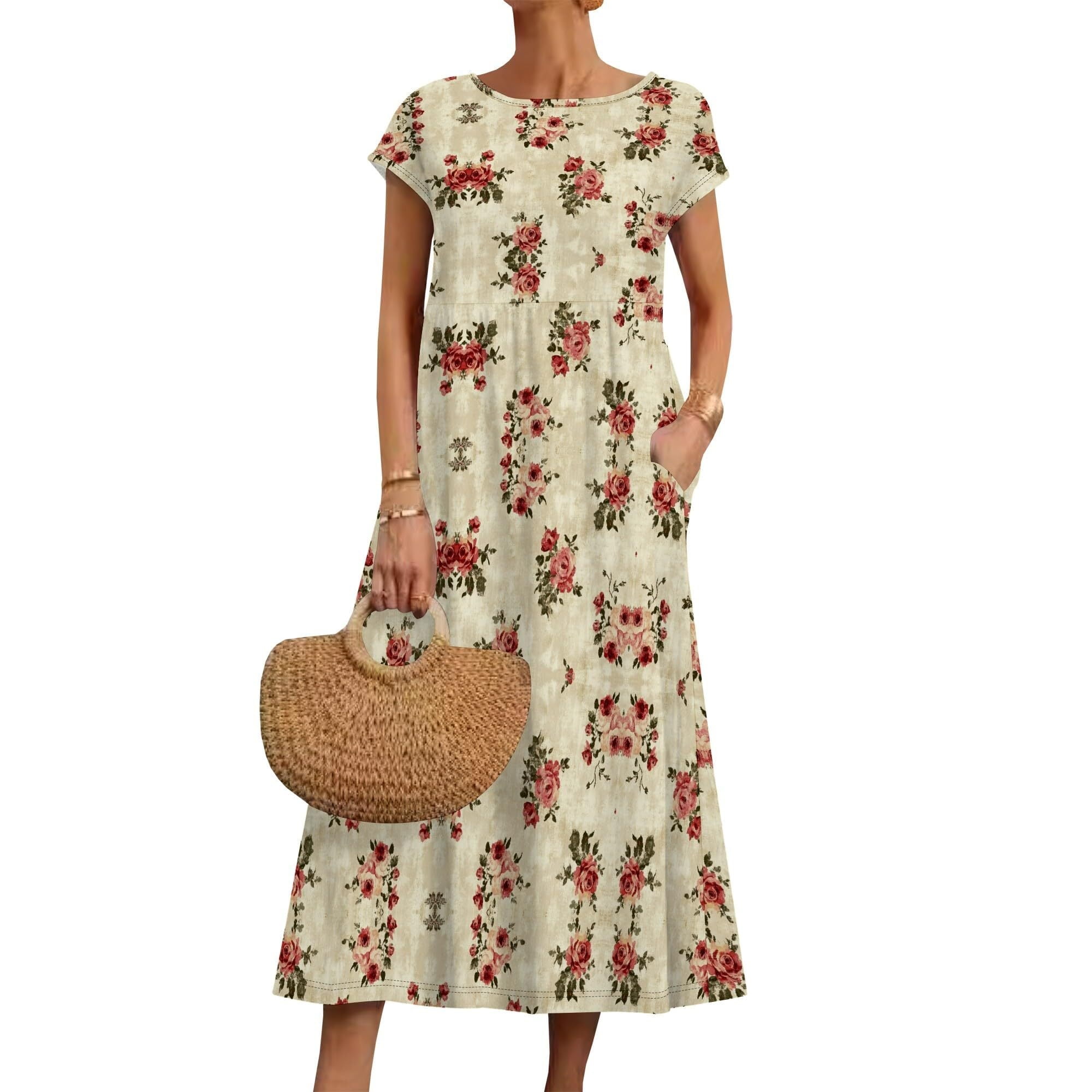 WANGJUNBEI Women's 2025 Summer Floral Midi Dress Short Sleeve Rewneck ...