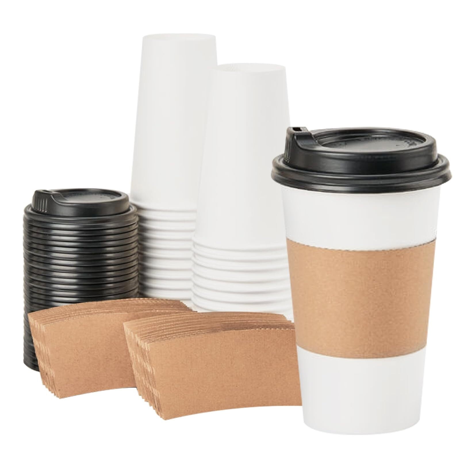 WANGLI 12 oz 50 pack Disposable Paper Coffee Cups with Lids and Sleeves ...