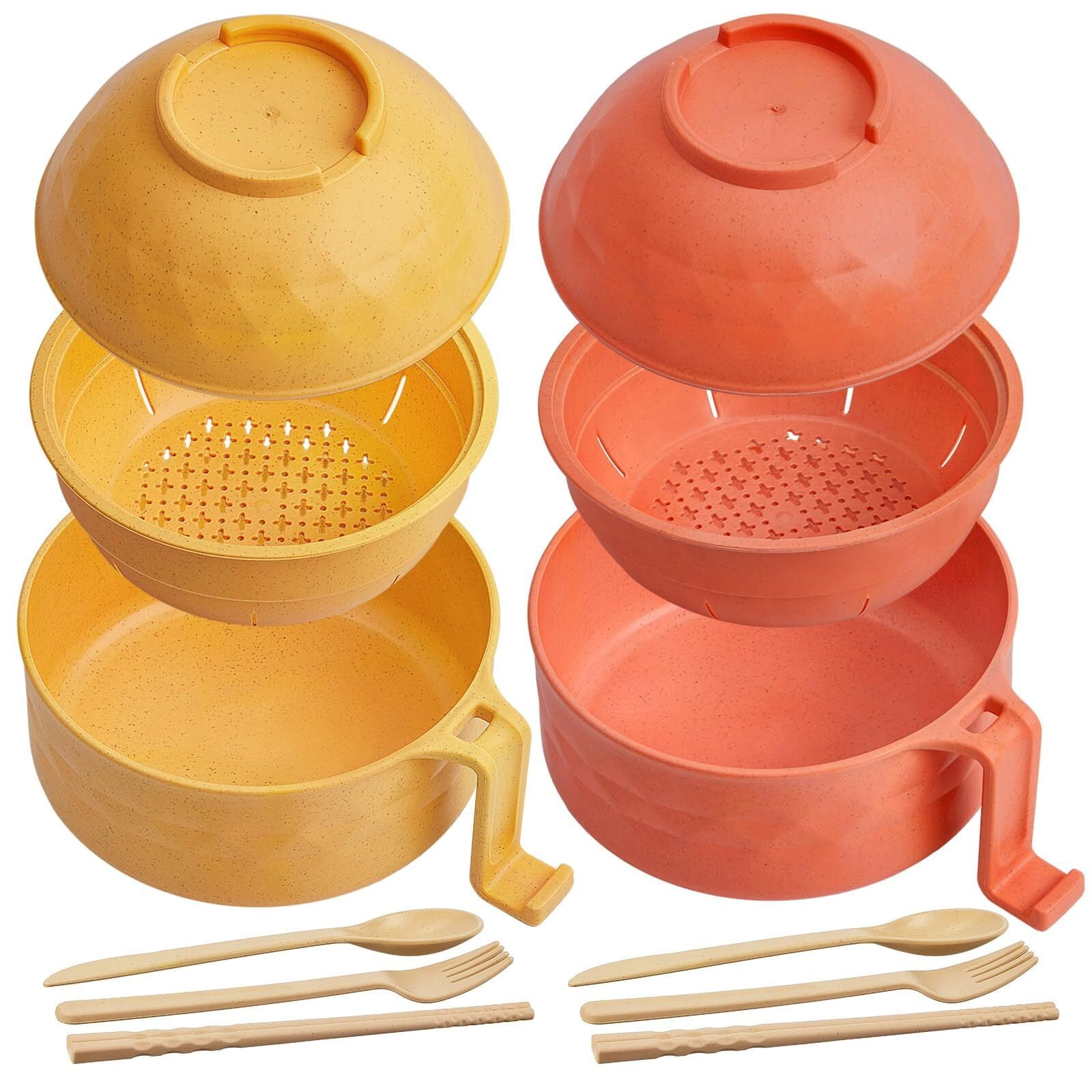 WANGLI 2 Sets Microwave Ramen Cooker Bowl 33 oz Wheat Fiber Instant Noodle Bowl with Handles ...